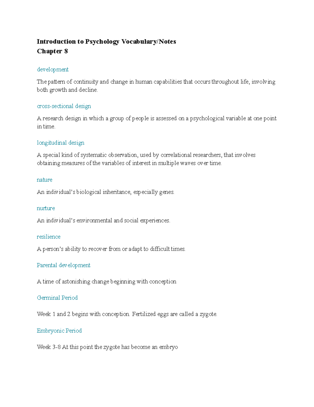 Introduction to Psychology (PSY 101) Vocabulary Notes - Chapter 8 - Studocu