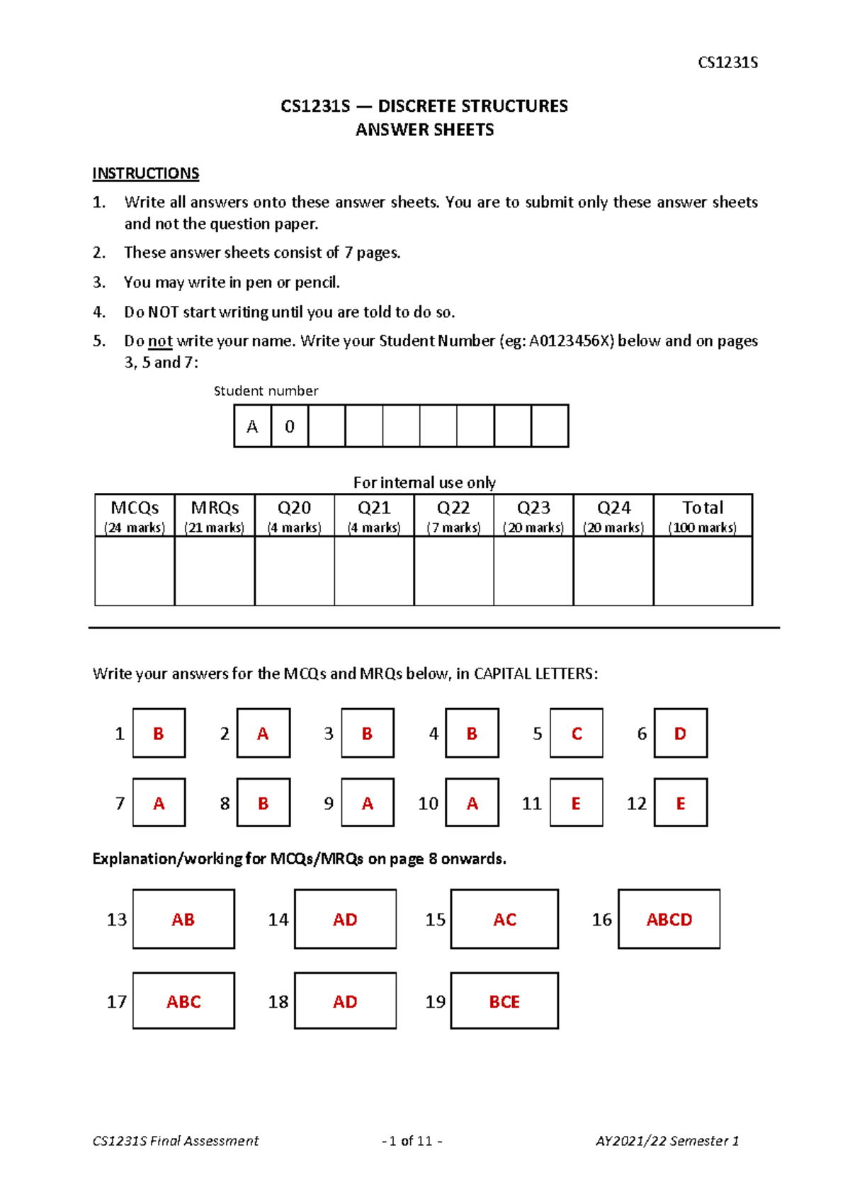 CS1231S 21/22 Sem1 Final Exam Answer Sheets and Solutions - Studocu
