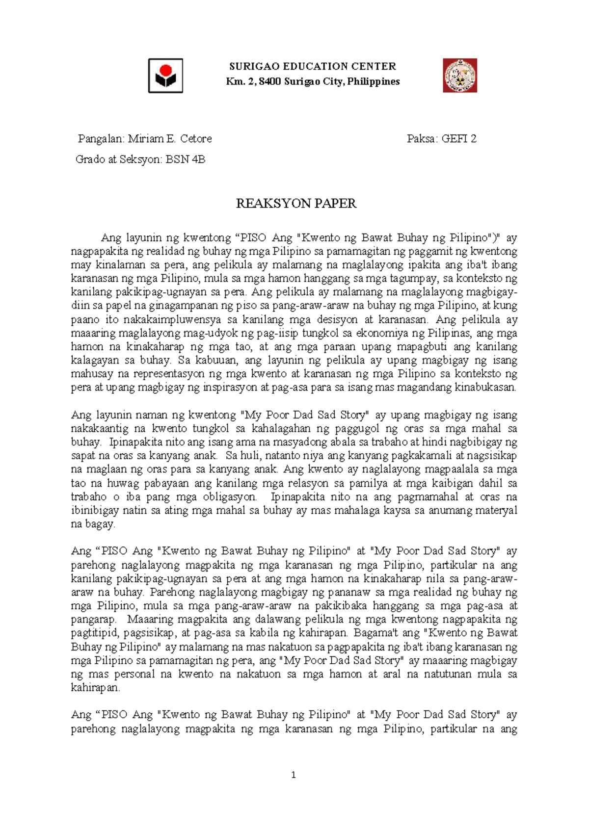 Reaksyon- Paper- Cetore - 1 SURIGAO EDUCATION CENTER Km. 2, 8400 ...