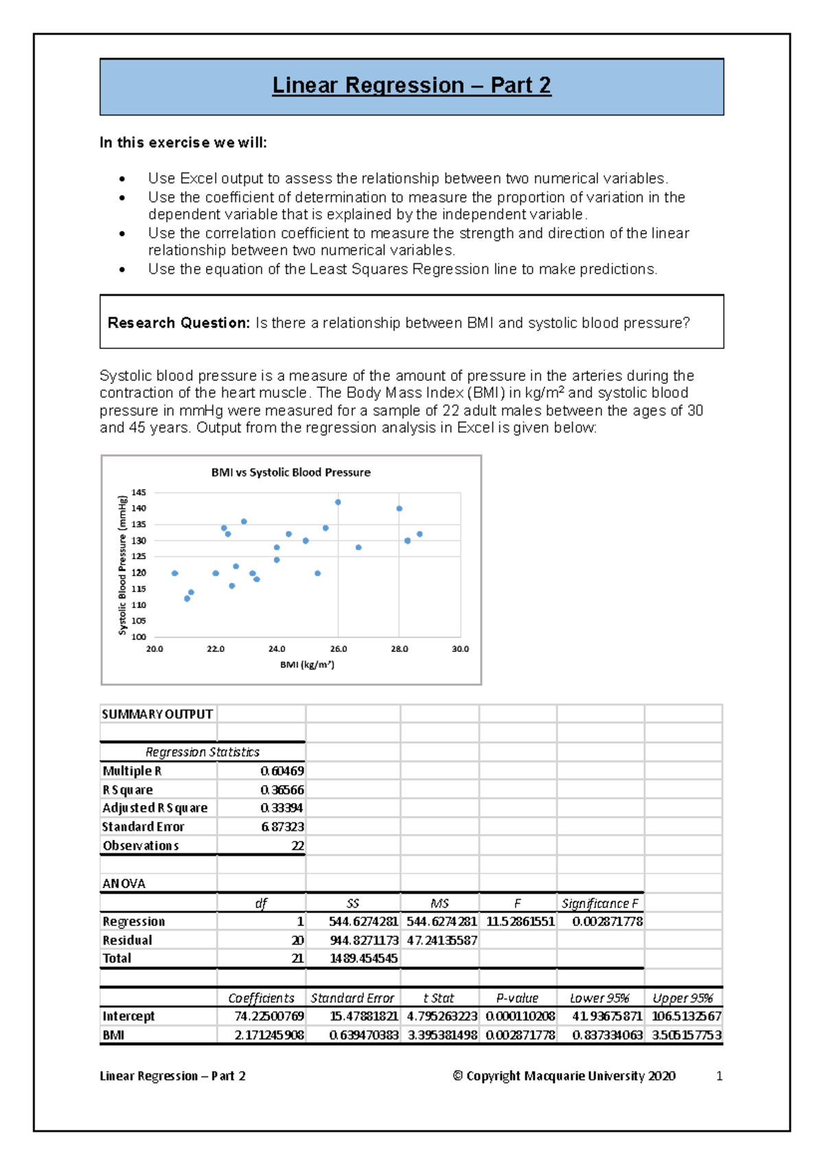 Linear Regression Analysis: BMI & Systolic BP Relationship (Part 2) - Studocu