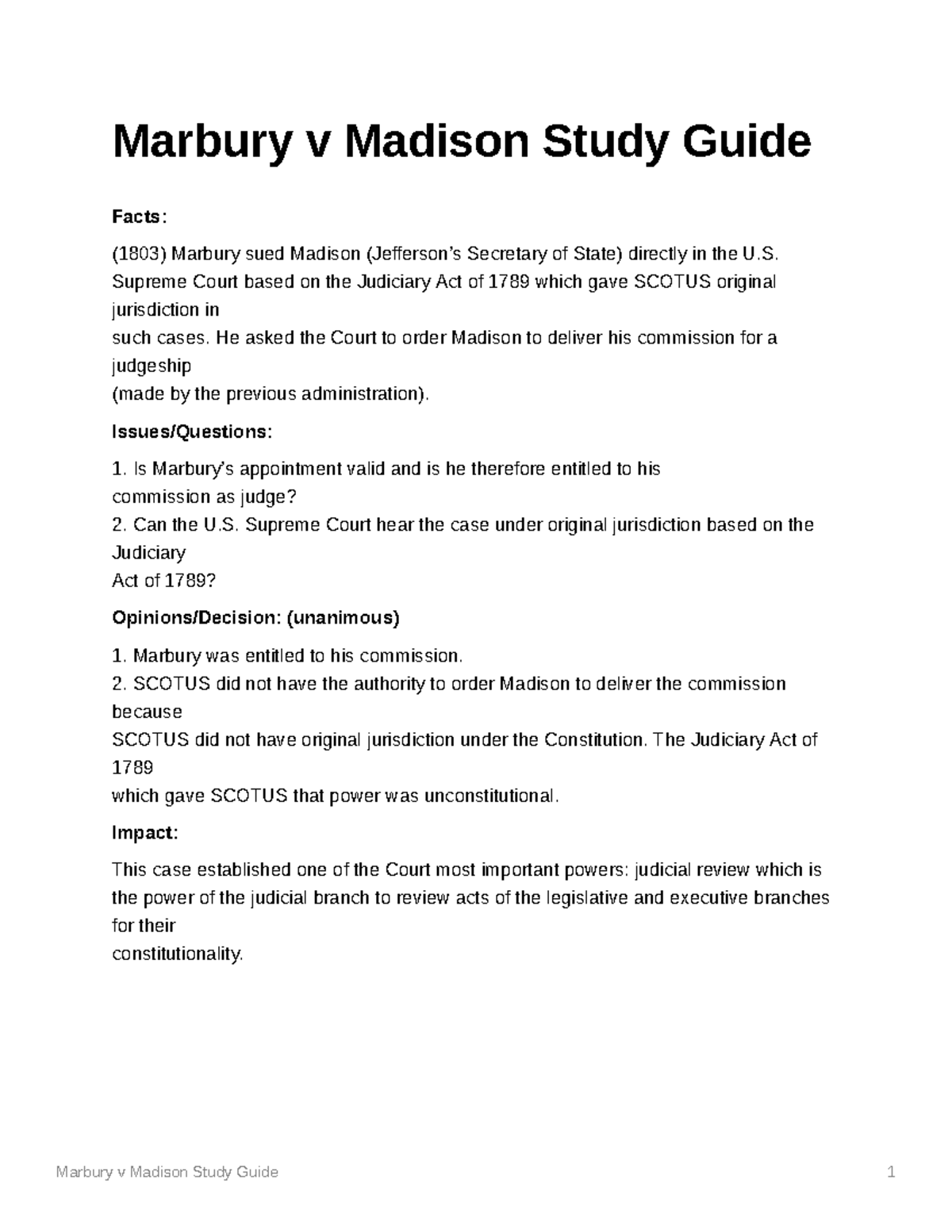 Marbury v Madison (1803) Study Guide: Key Facts & Impacts - Studocu