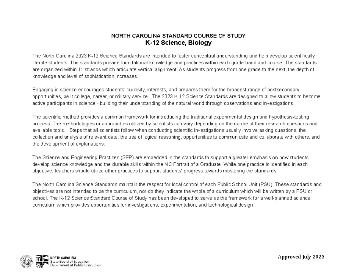 Final Biology 2023 Science Standards - NORTH CAROLINA STANDARD COURSE ...