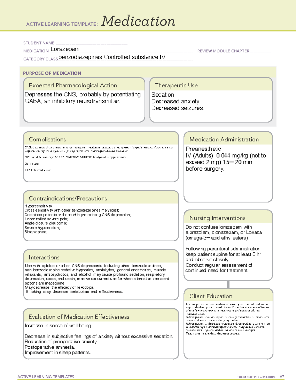 Medication- Lorazepam - ACTIVE LEARNING TEMPLATES THERAPEUTIC PROCEDURE ...