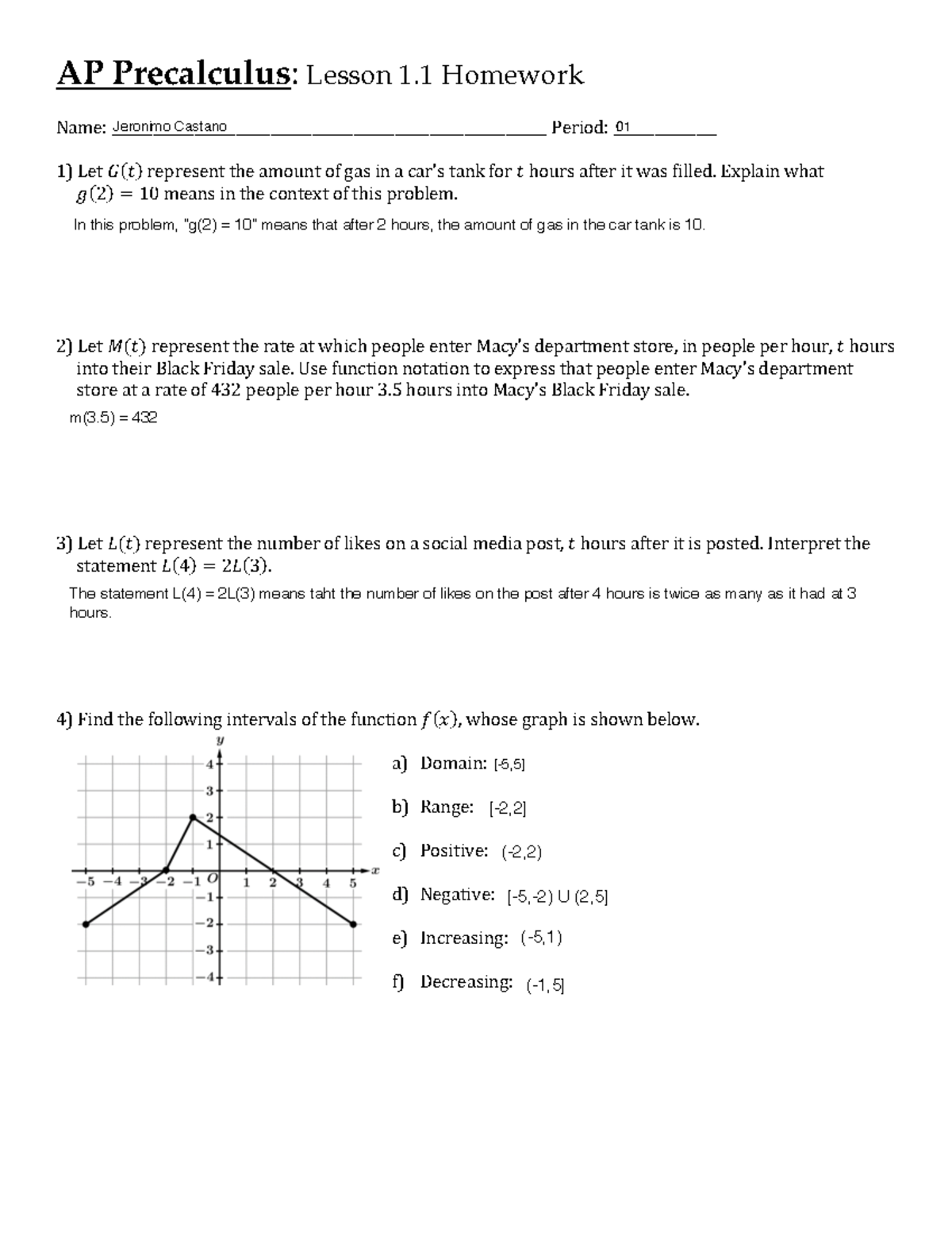 AP Precalculus: Lesson 1.1 Homework & Lecture Notes - Studocu