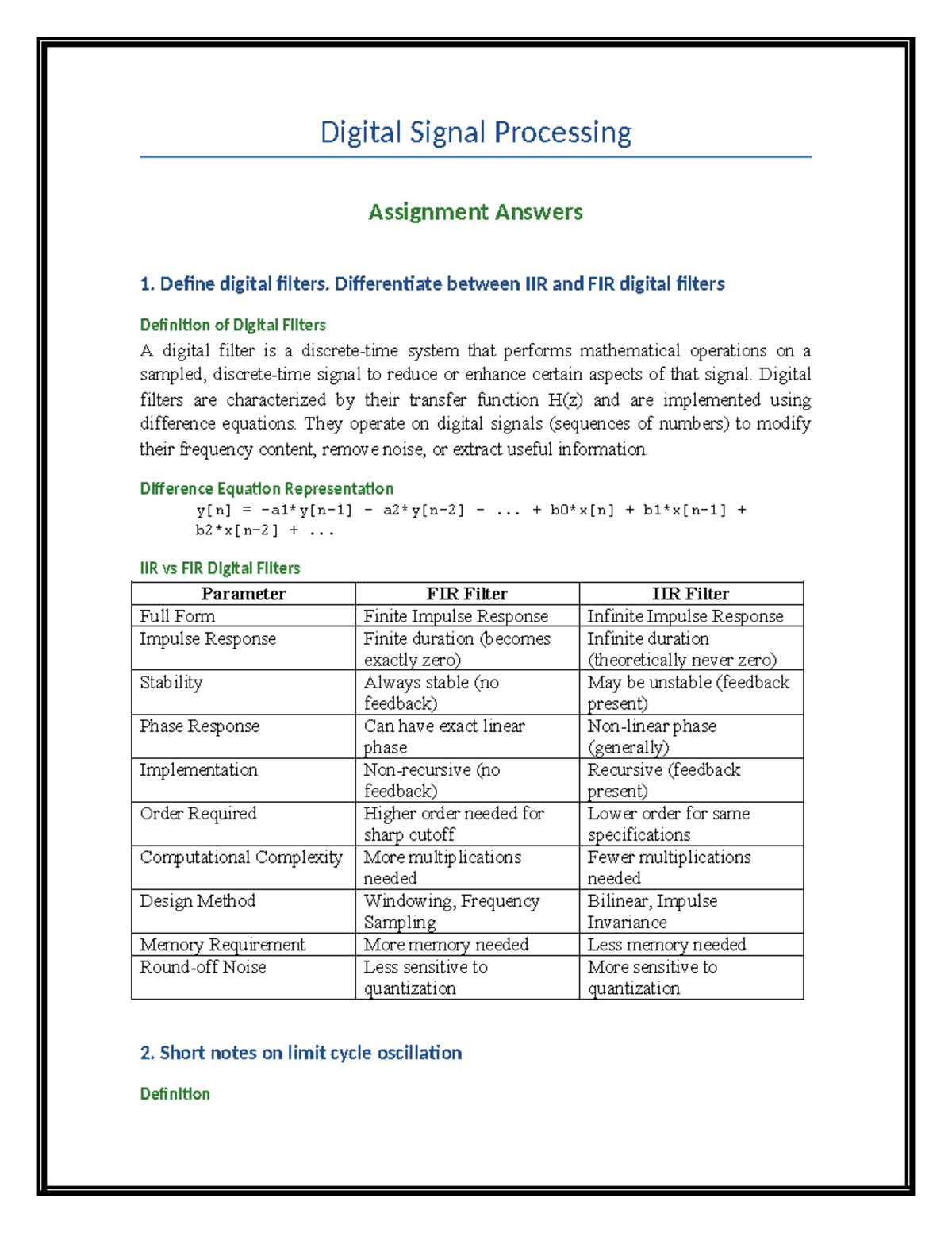 DSP Assignment Answers: Digital Filters, IIR vs FIR, and Design Methods ...