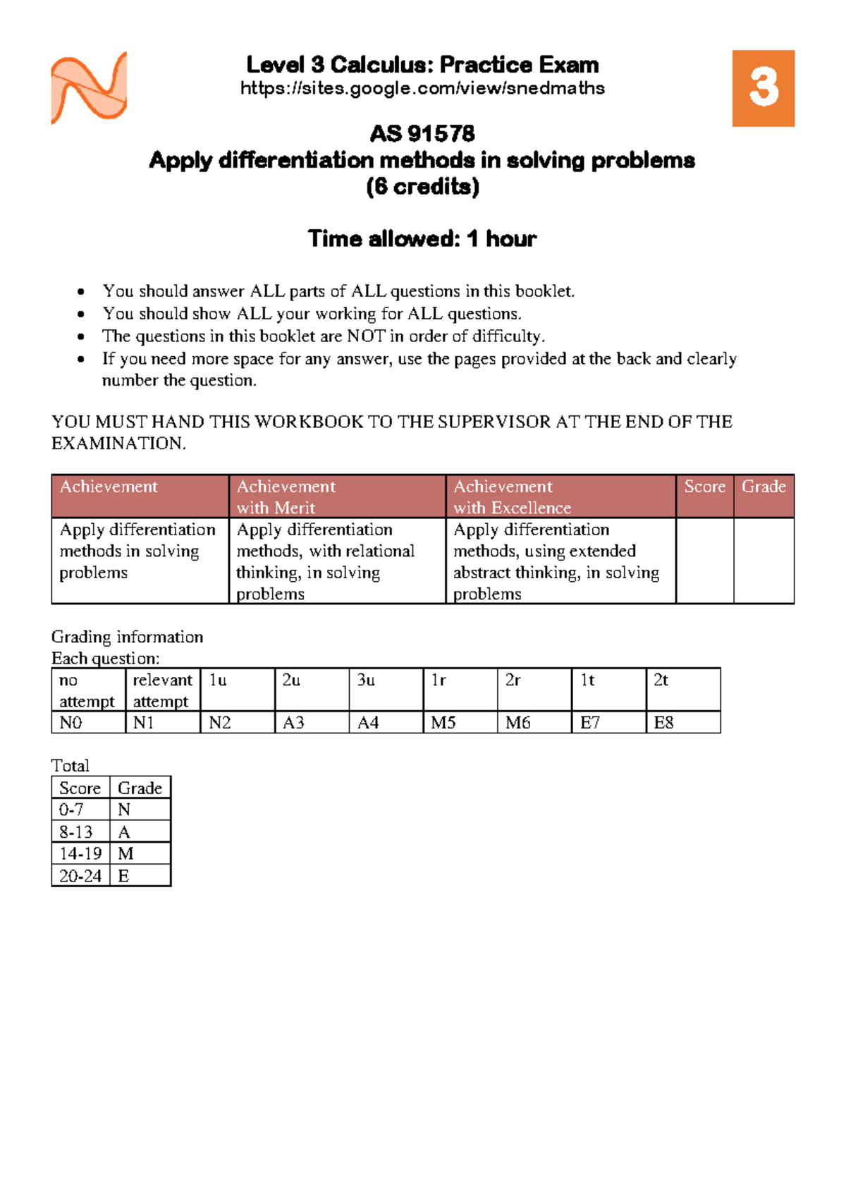 Level 3 Calculus AS 91578: Practice Exam 3 on Differentiation Methods ...