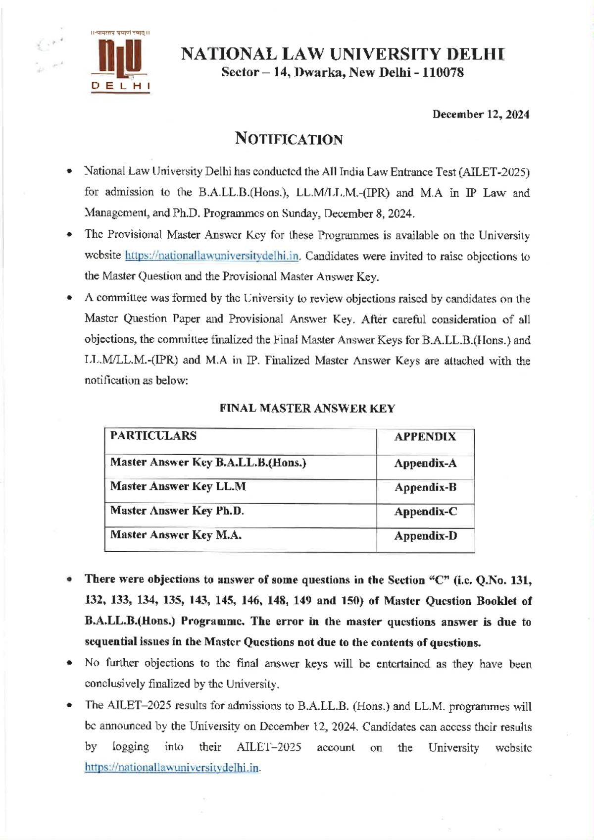 Final Answer Key for AILET 2025: LL.M. & Ph.D. Admissions - Studocu