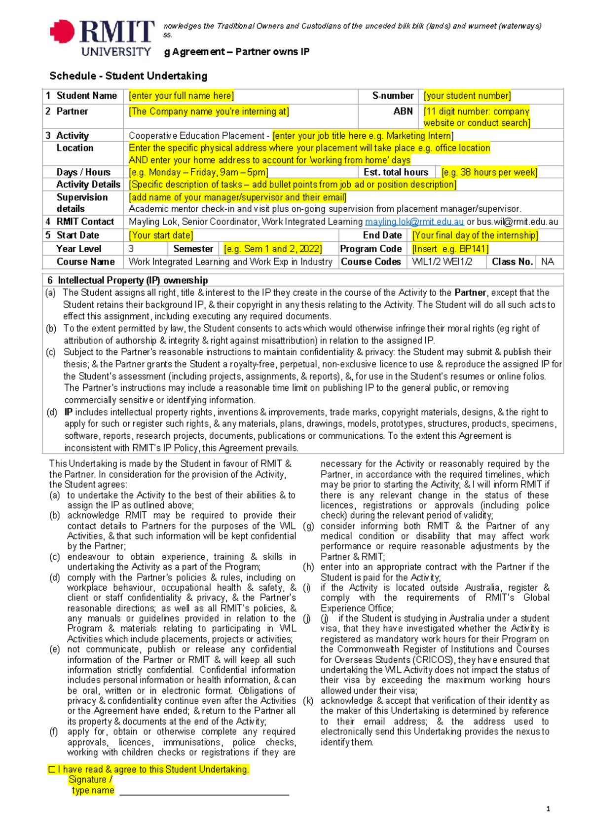 Co-op Student WIL Agreement - RMIT University Guidelines - Studocu