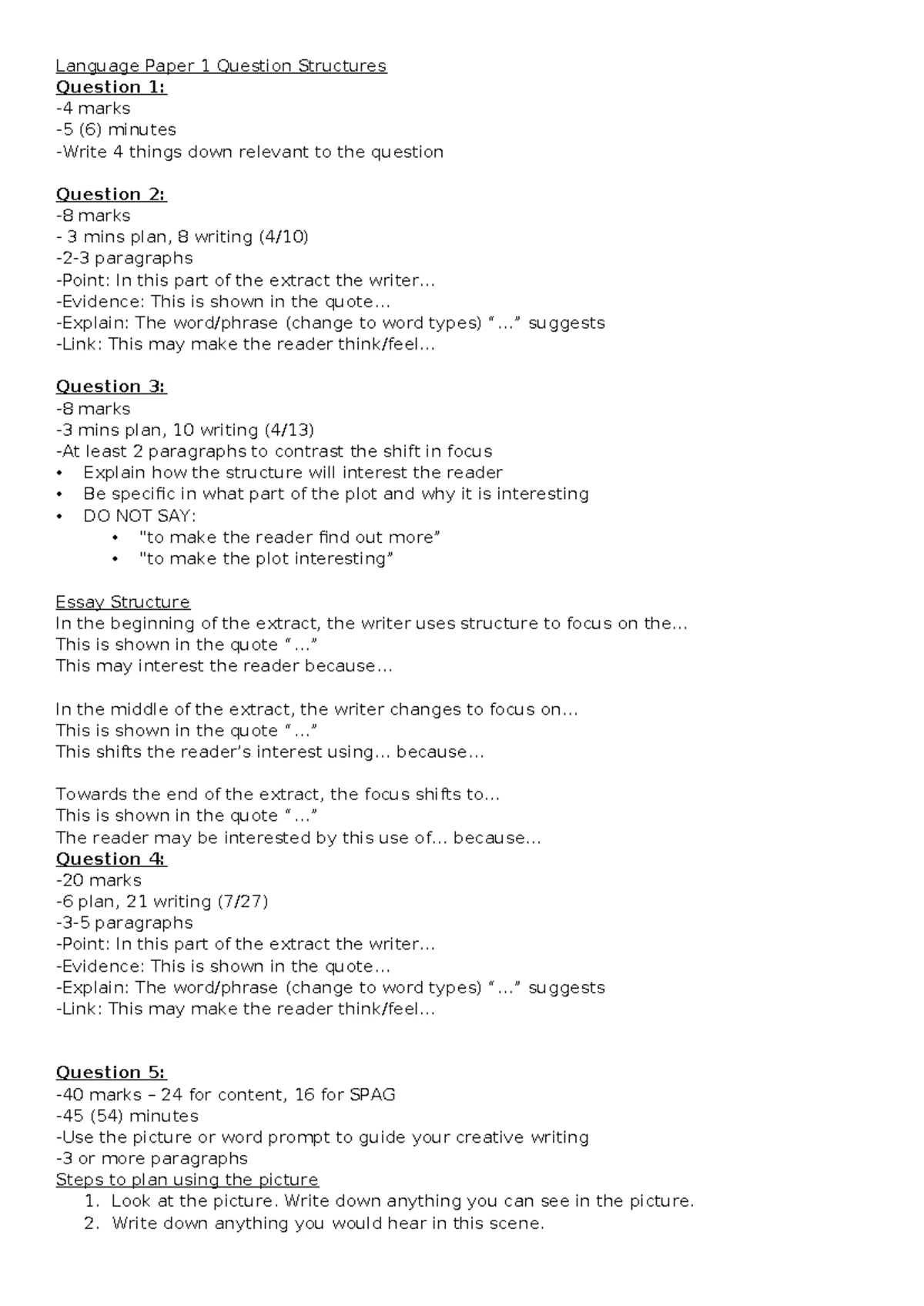 Literature Paper 1: Effective Question Structure Guidelines - Studocu