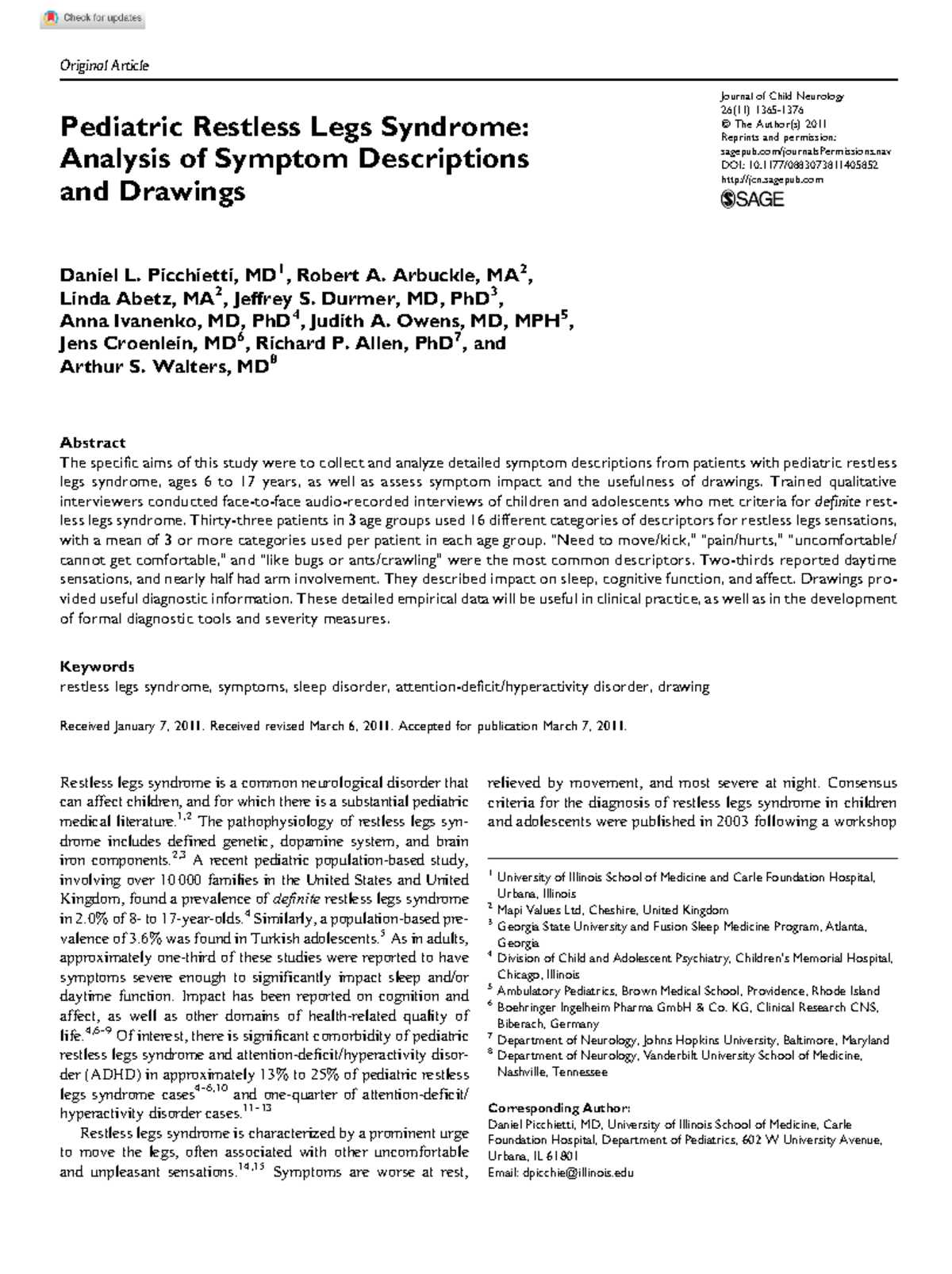 Pediatric Restless Legs Syndrome: Symptom Analysis & Drawings (PIC 2011 ...