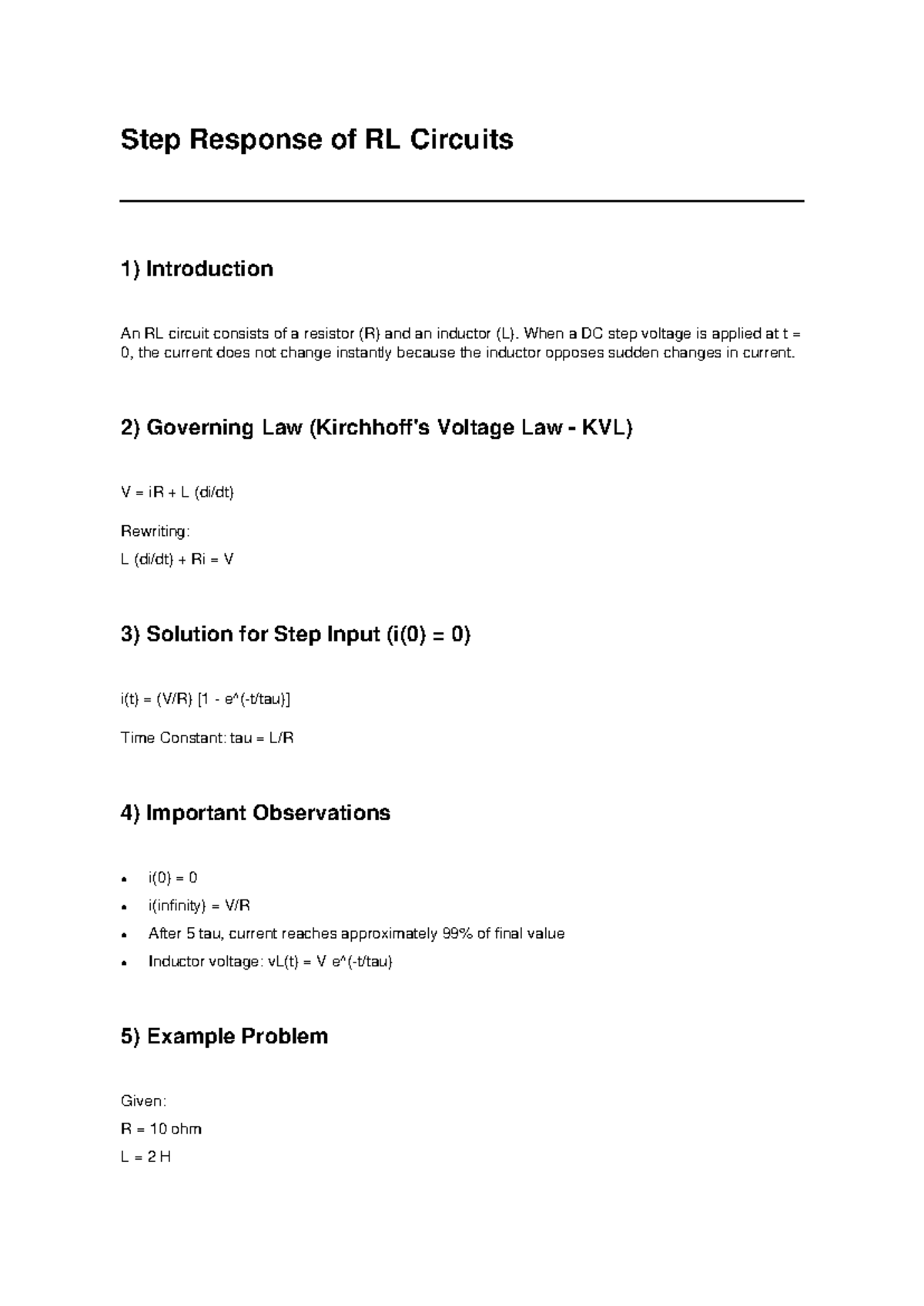 RL Circuits Step Response Analysis (Course Code: RL-101) - Studocu
