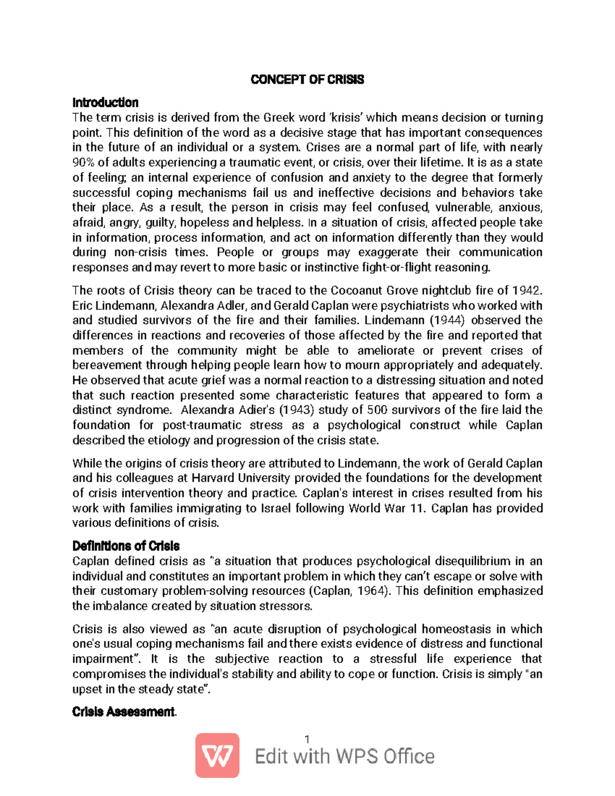 Caplan's Crisis Theory: Understanding Psychological Disruption - Studocu