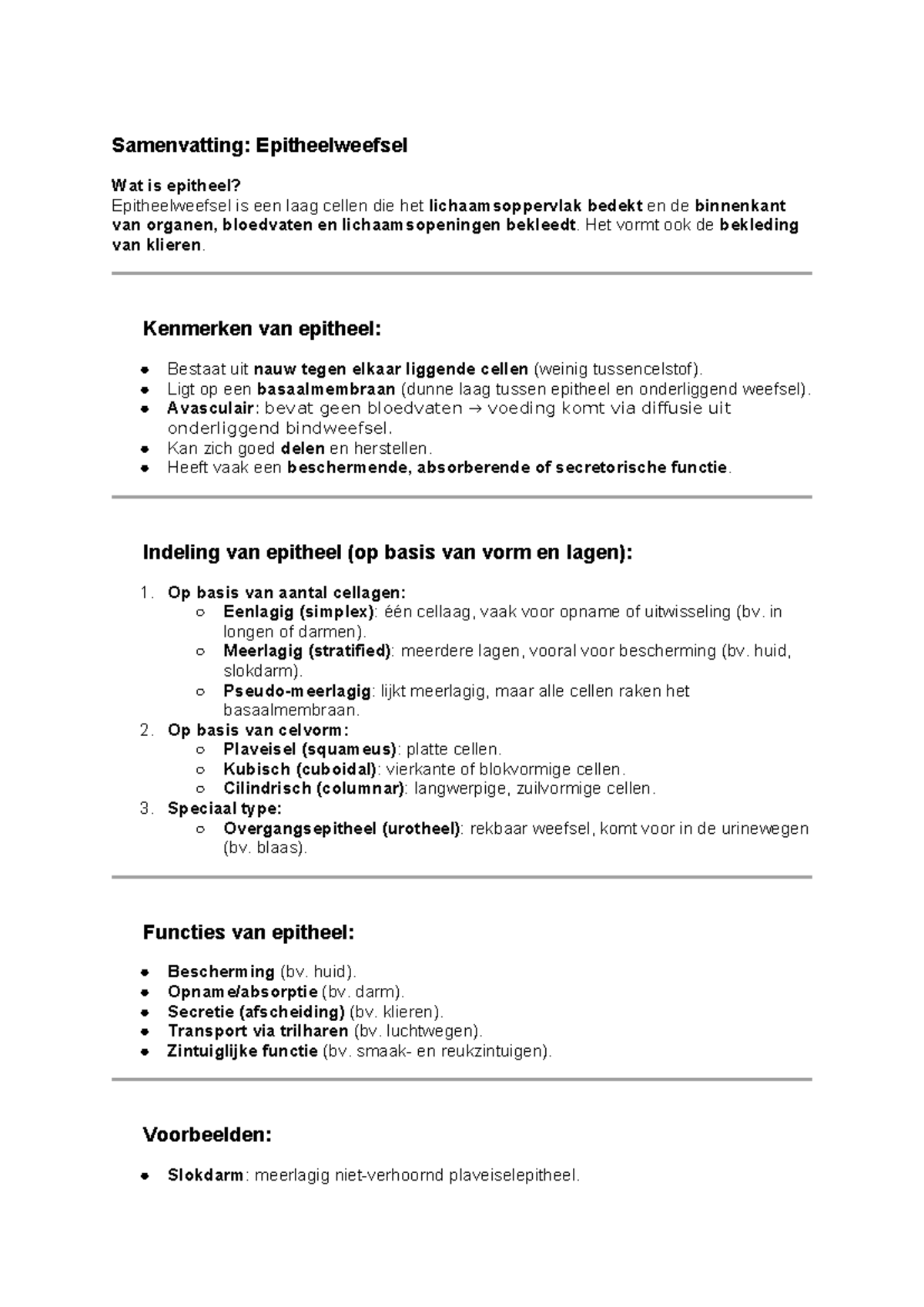 Samenvatting Epitheelweefsel: Kenmerken en Indeling van Epitheel ...