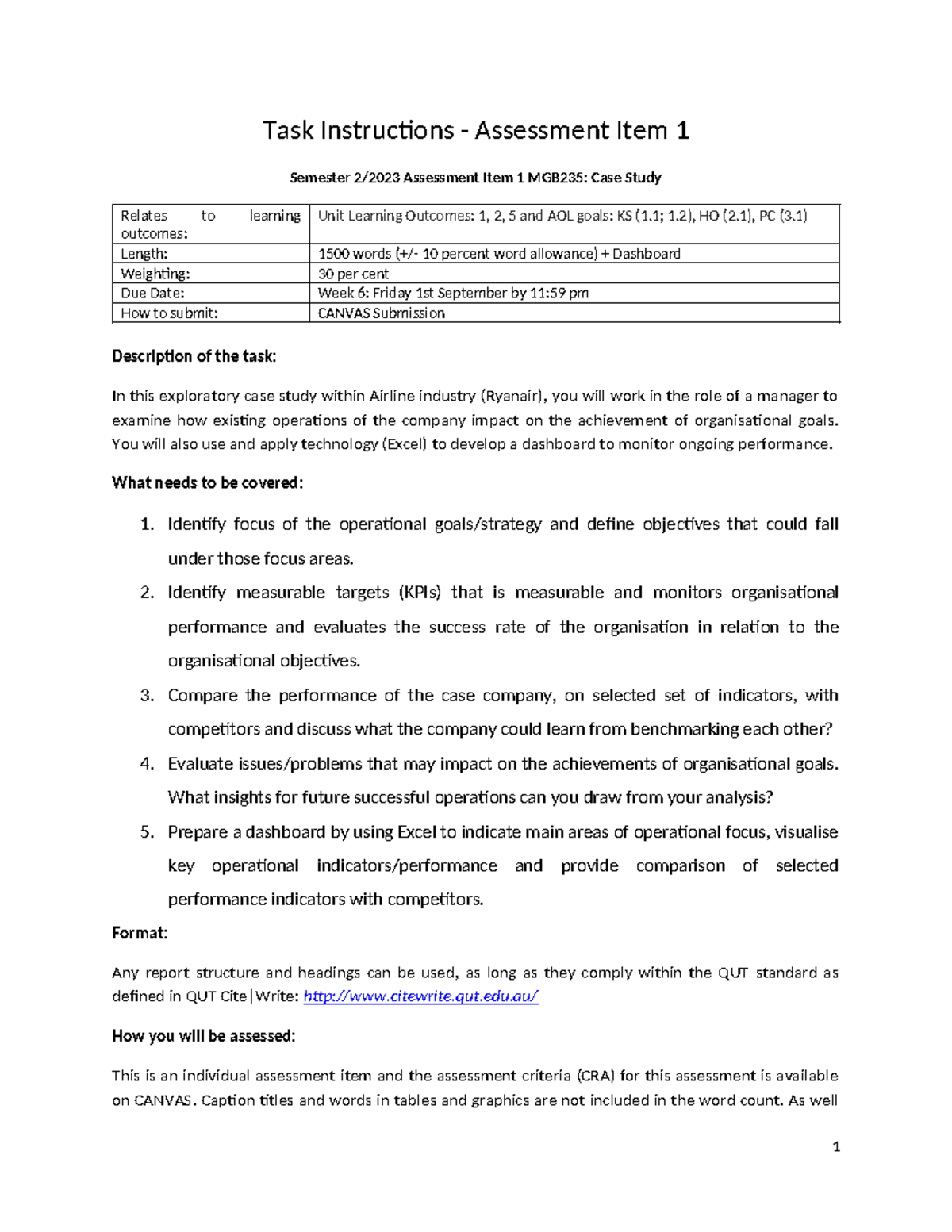 MGB 235 Assessment 1 - Task instructions S2 2023 - Task Instructions ...