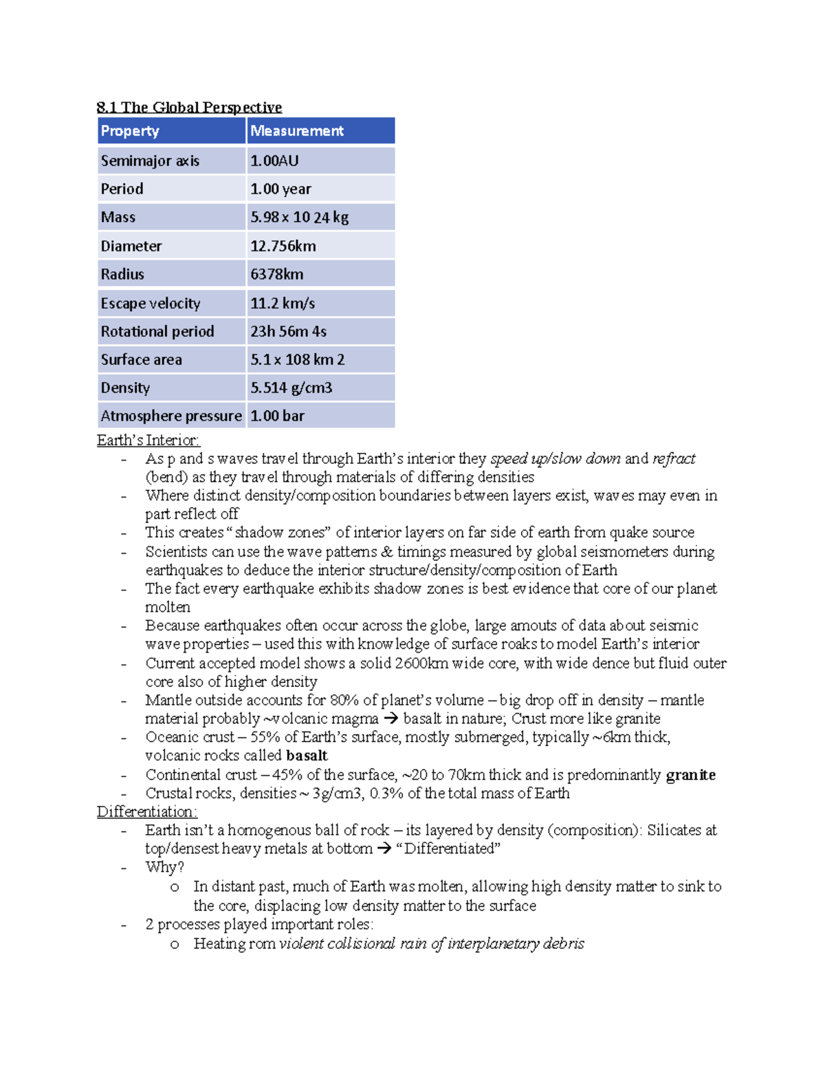 PHYS 1000 - Comprehensive Unit 6 Study Notes on Earth's Structure - Studocu