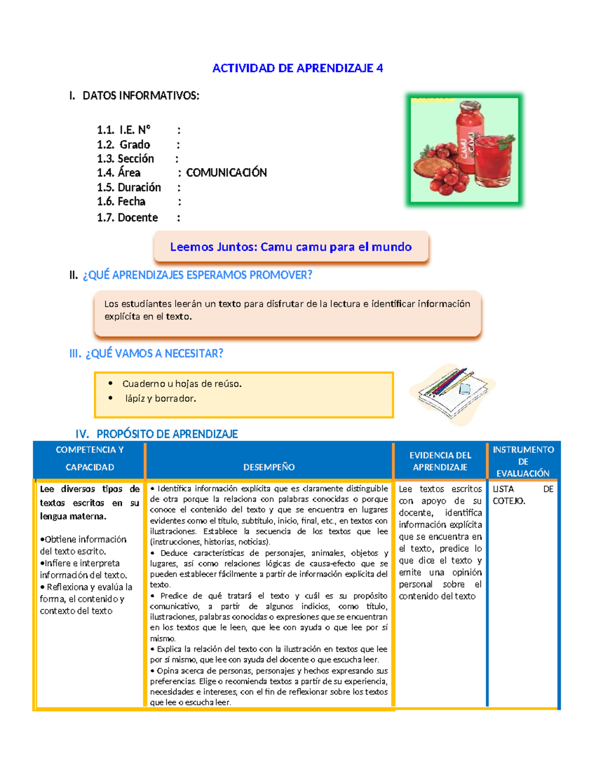 D4 A2 Actividad de Aprendizaje: Leemos Juntos Camu Camu - Studocu