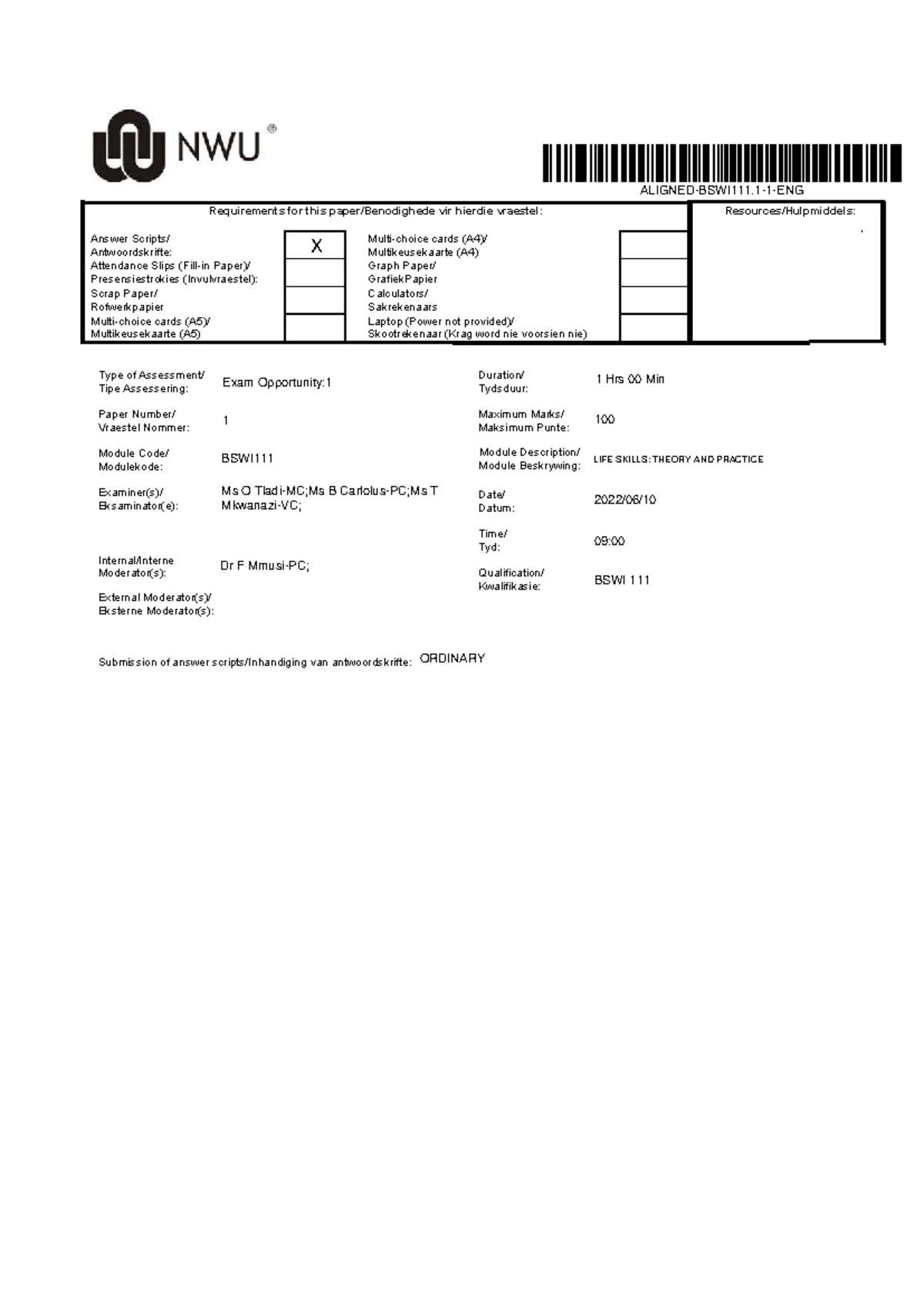 BSWI111 Final Exam Paper - Life Skills: Theory and Practice - Studocu