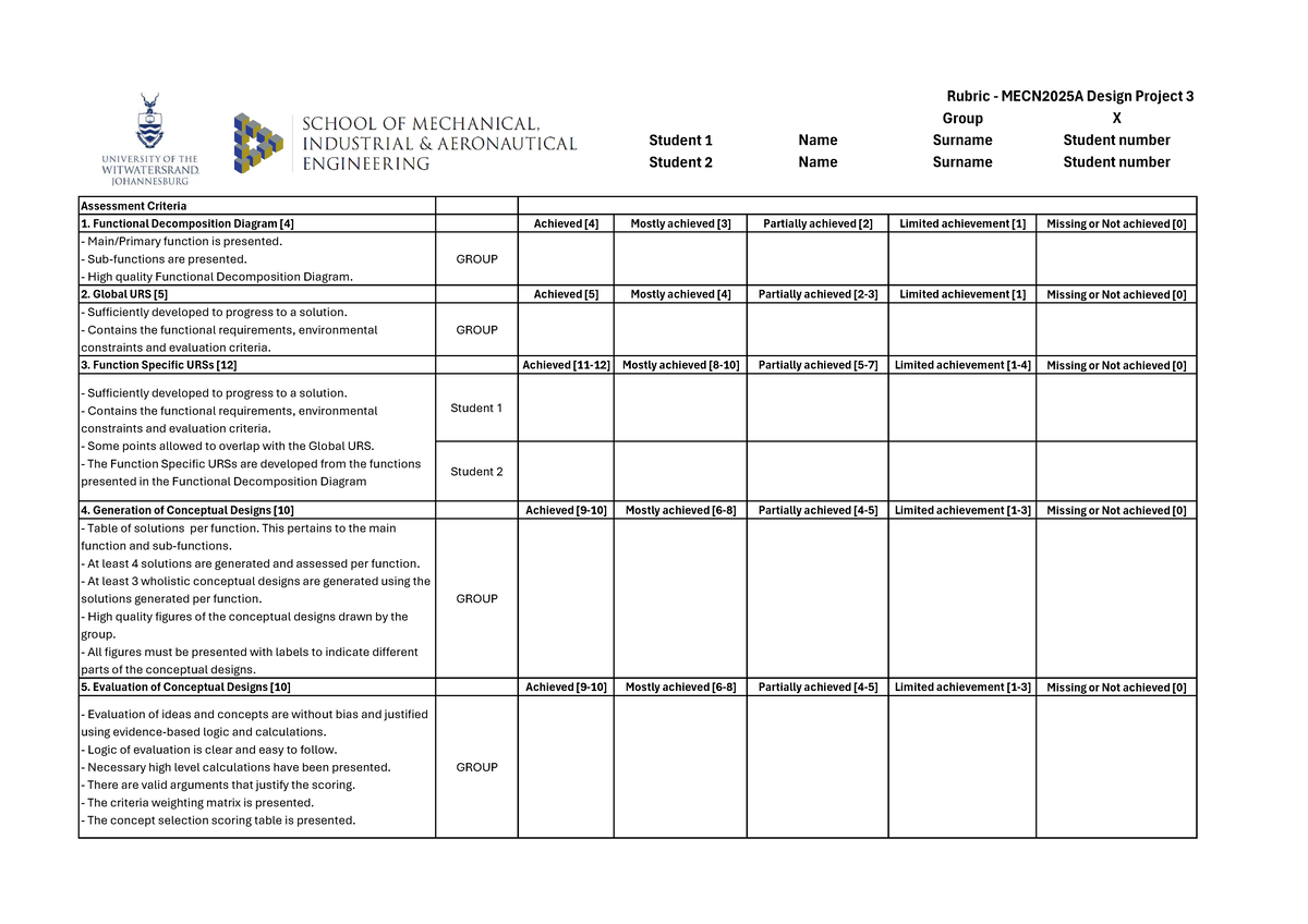 Design Project 3 Rubric MECN2025A: Assessment Criteria & Evaluation - Studocu