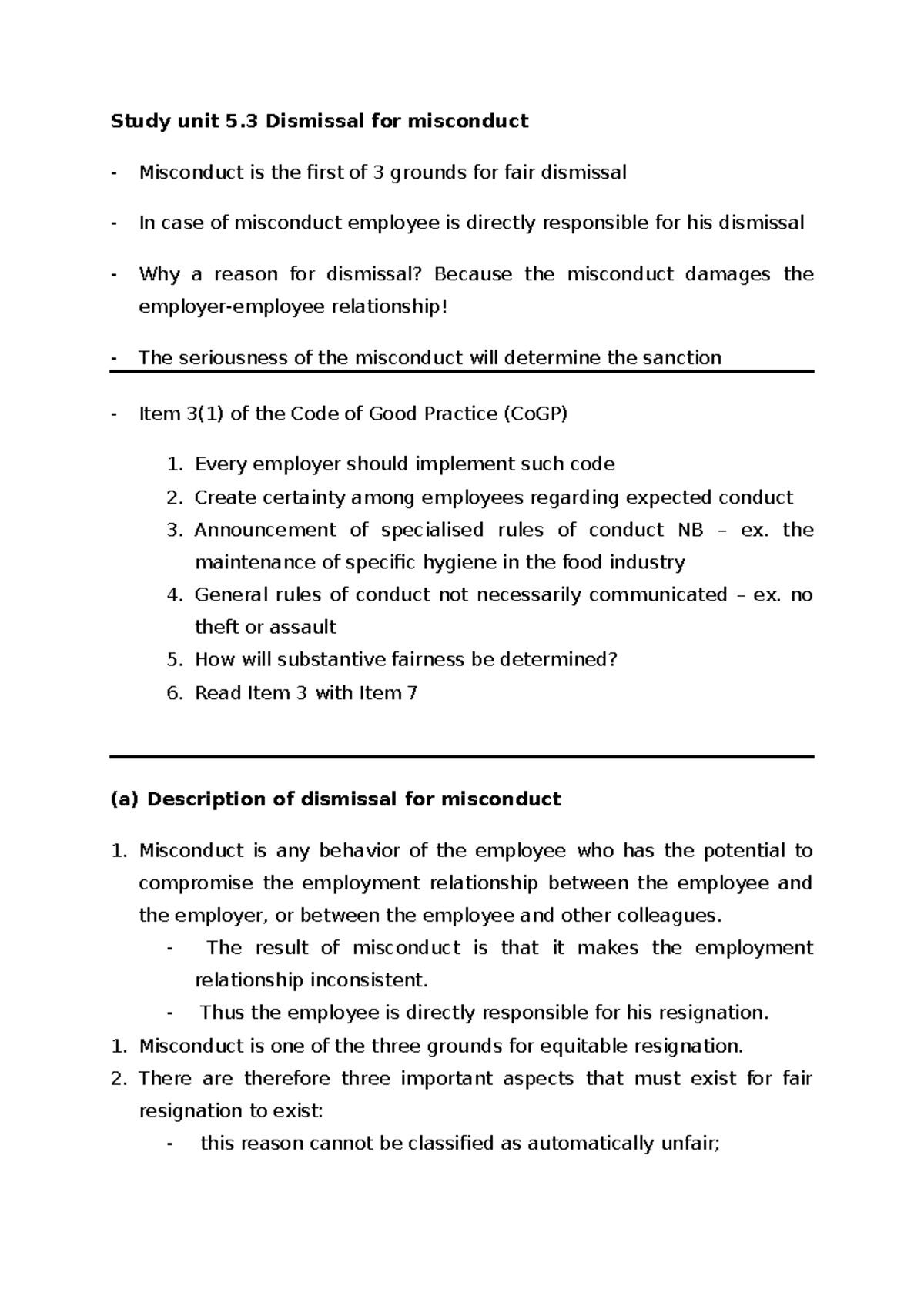 Study Unit 5.3: Fair Dismissal for Misconduct Guidelines - Studocu