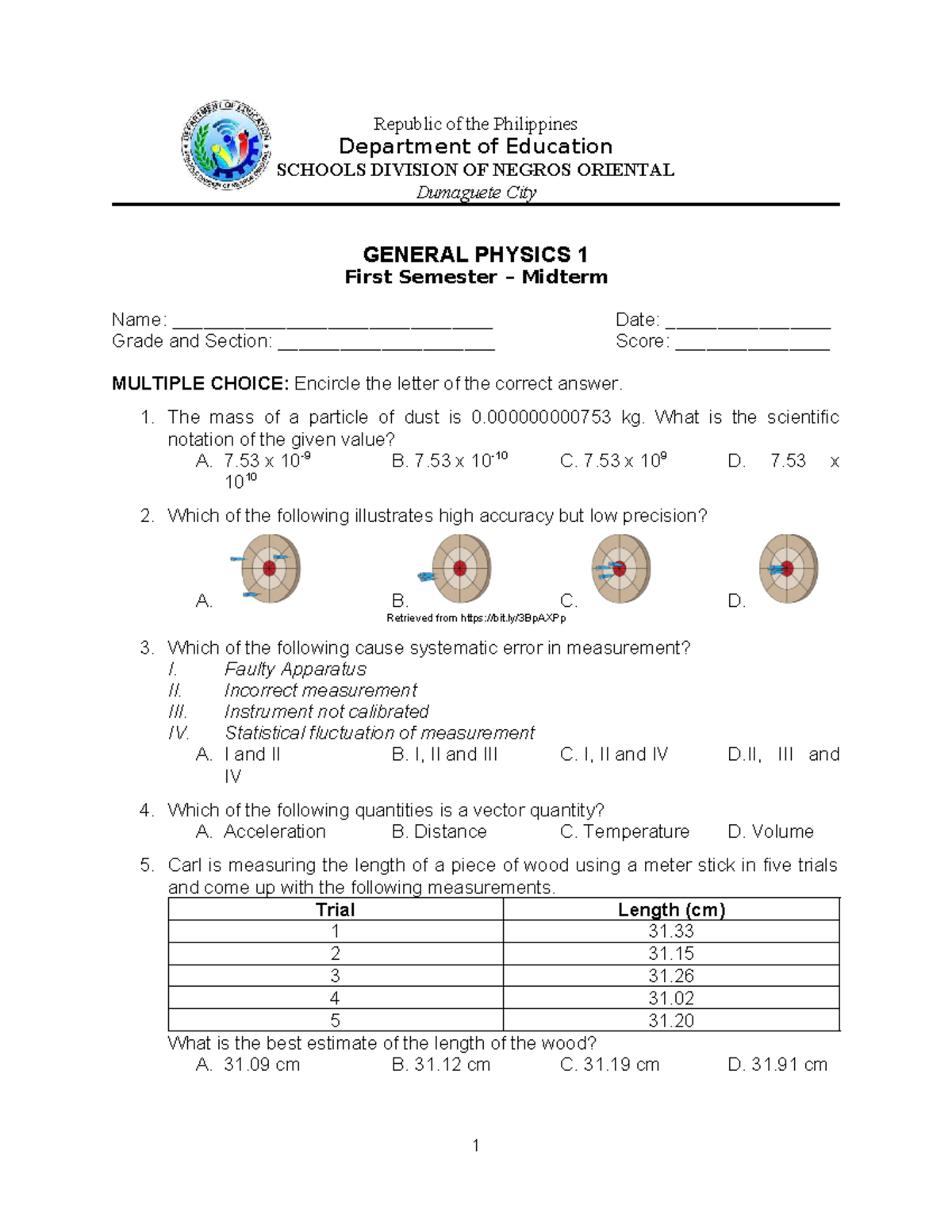 Gen. Physics 1 1st Sem Midterm Exam Review and Answer Key - Studocu