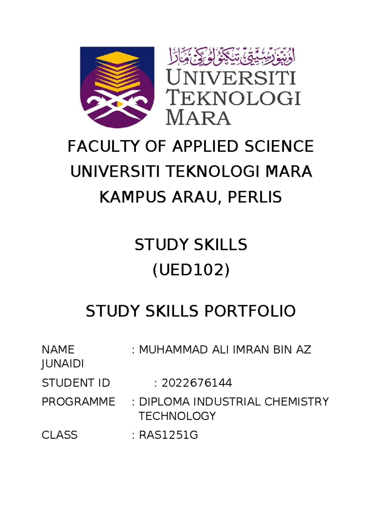 UED 102 Study Skills Portfolio by Muhammad Ali Imran Junaidi - Studocu