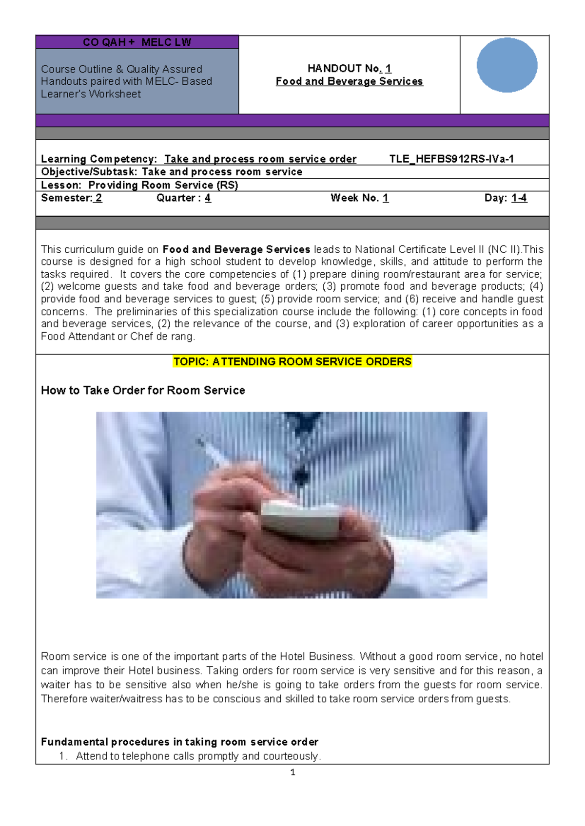 FBS 912 - Week 1 Handout: Room Service Order Processing Guide - Studocu