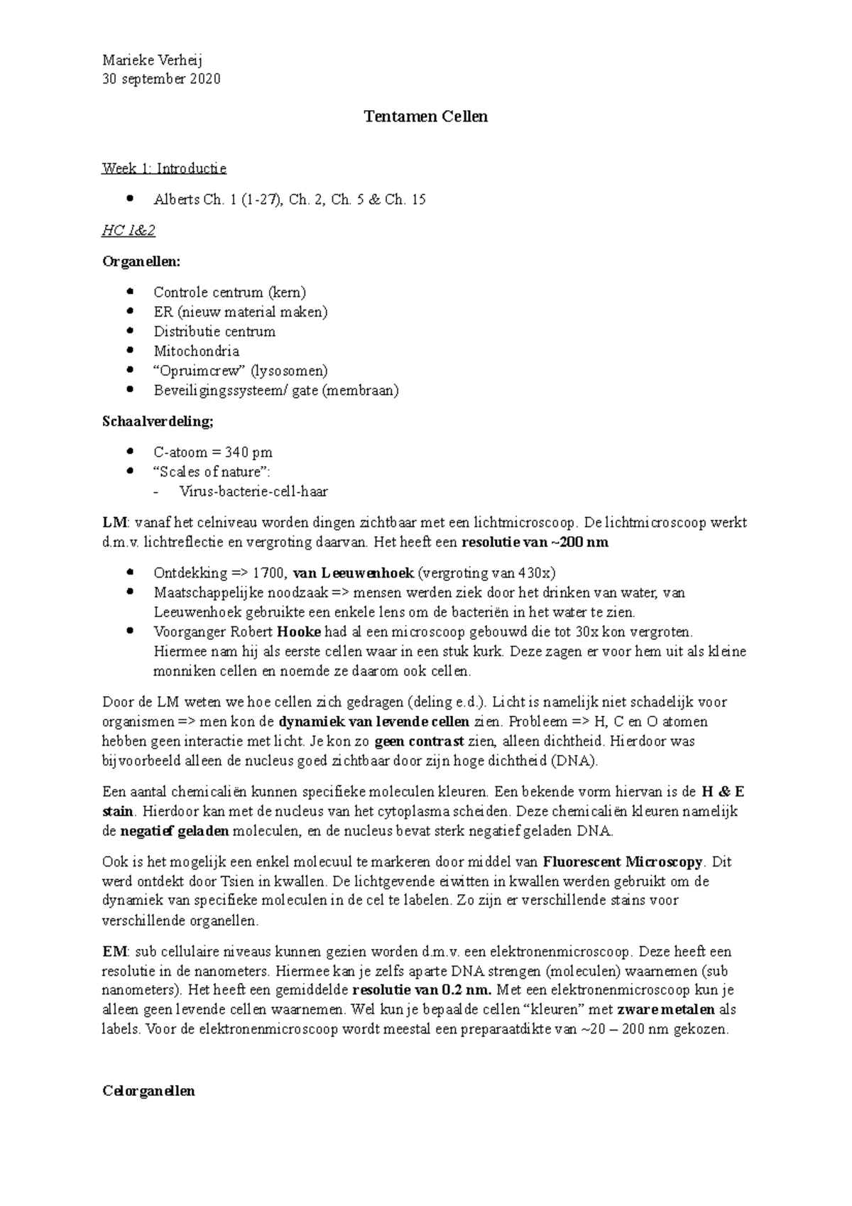 Tentamen Cellen - Informatie en Structuur - 30 september 2020 - Studeersnel