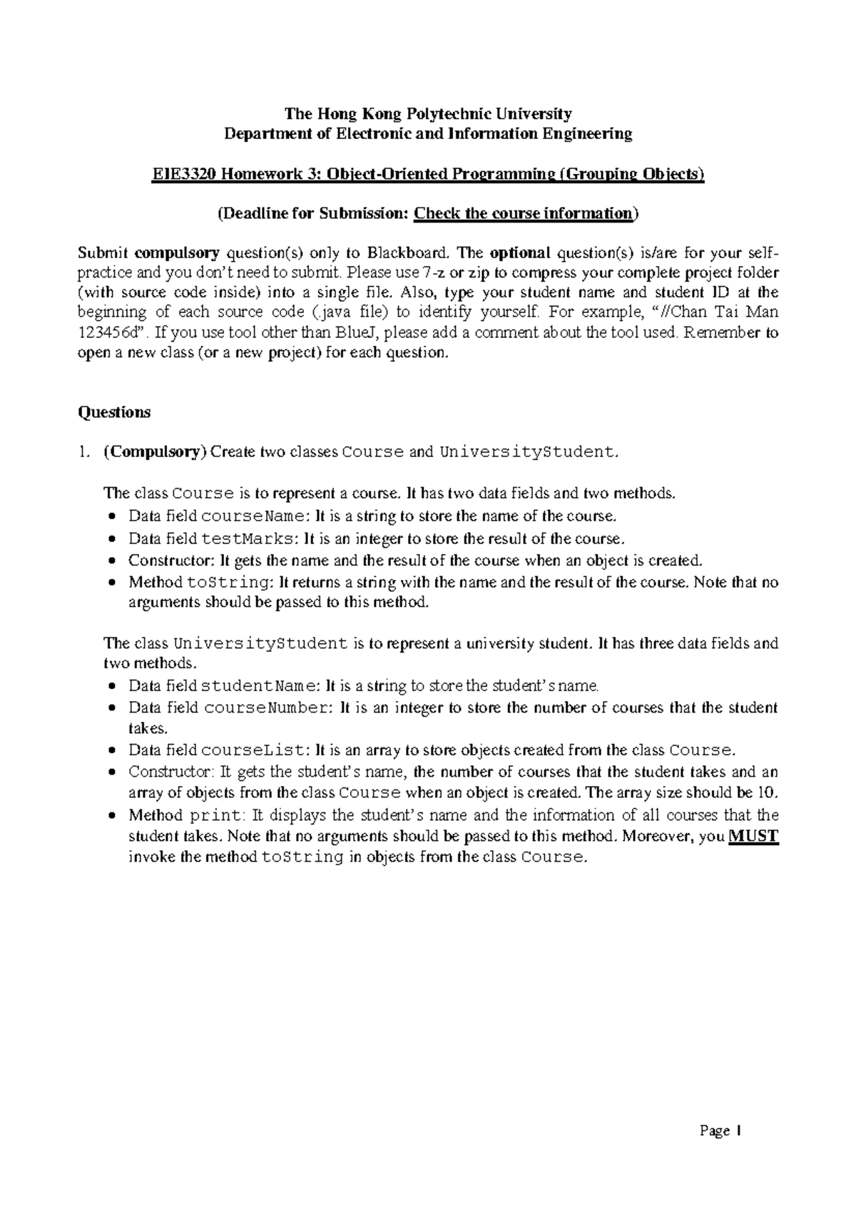 EIE3320 Homework 3: Object-Oriented Programming Tasks - Studocu