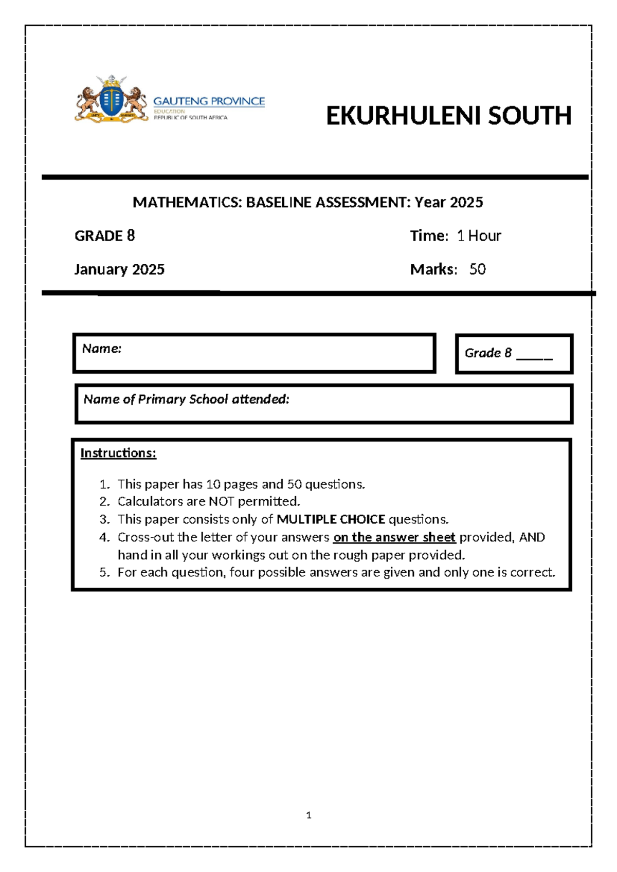 Grade 8 Mathematics Baseline Assessment 2025 - Multiple Choice ...