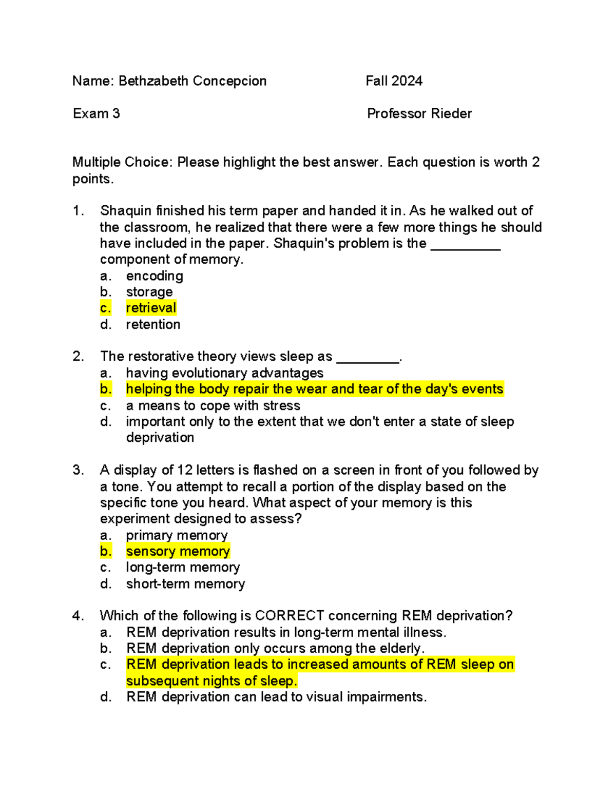 Introtopsy PSY 101 Fall 2024 Exam 3 Review Questions - Studocu