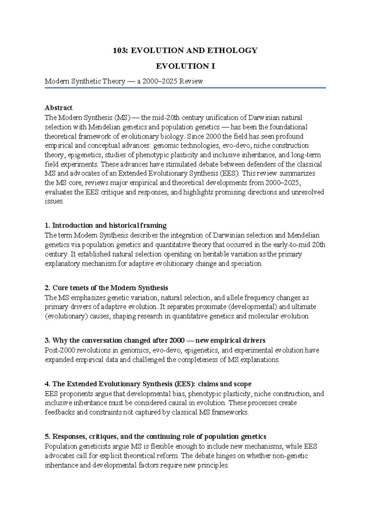 103: EVOLUTION AND ETHOLOGY I - Modern Synthesis Review and Insights ...