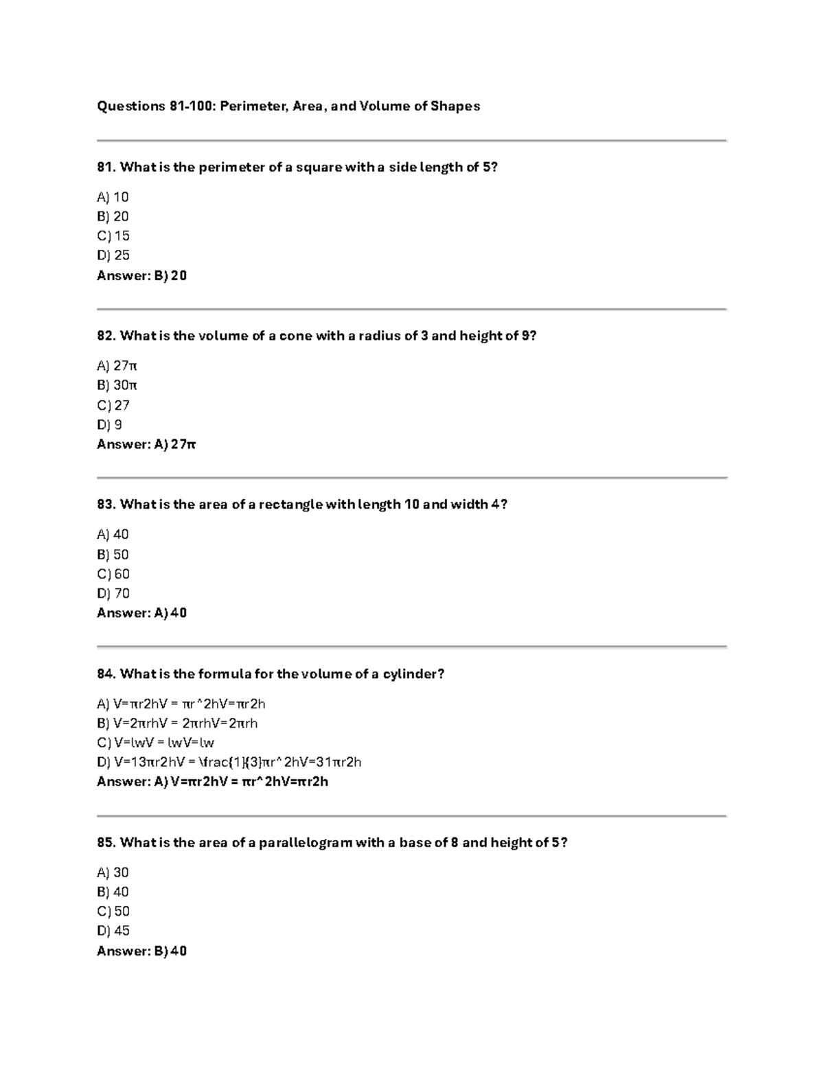 QUIZ 05 - quizzes - Questions 81-100: Perimeter, Area, and Volume of ...