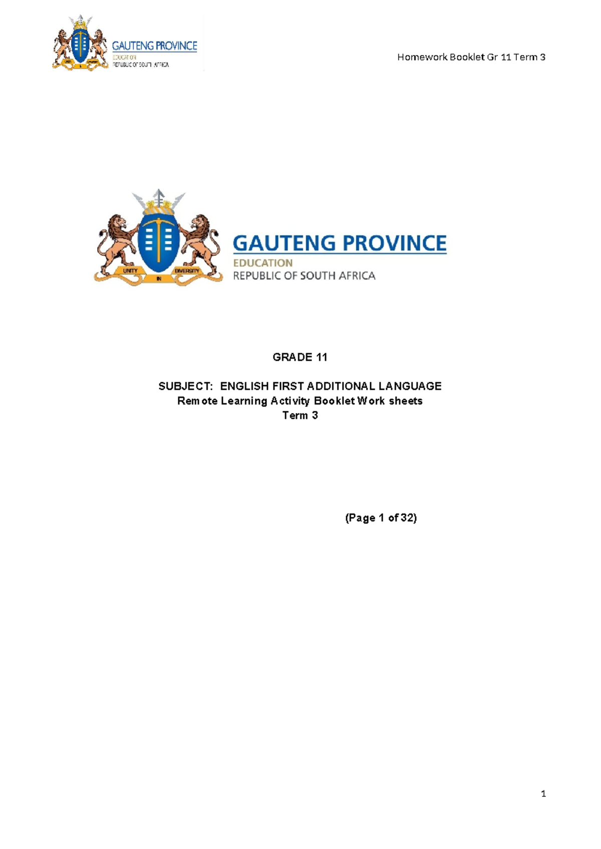 English FAL Gr 11 Homework Booklet - Term 3 Activities and Exercises ...