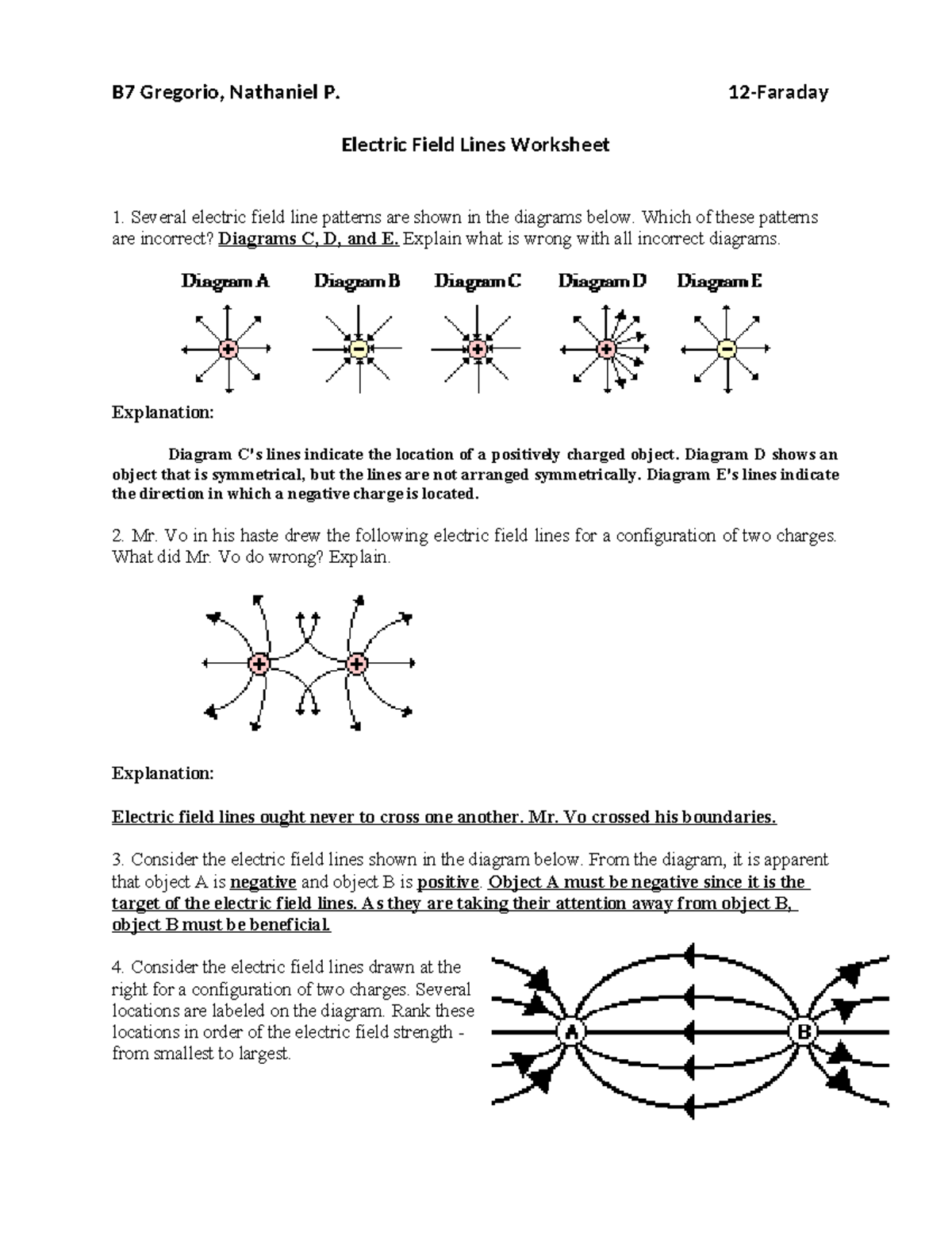 HW B7 Physics Electric Field Lines Worksheet Explained - Studocu