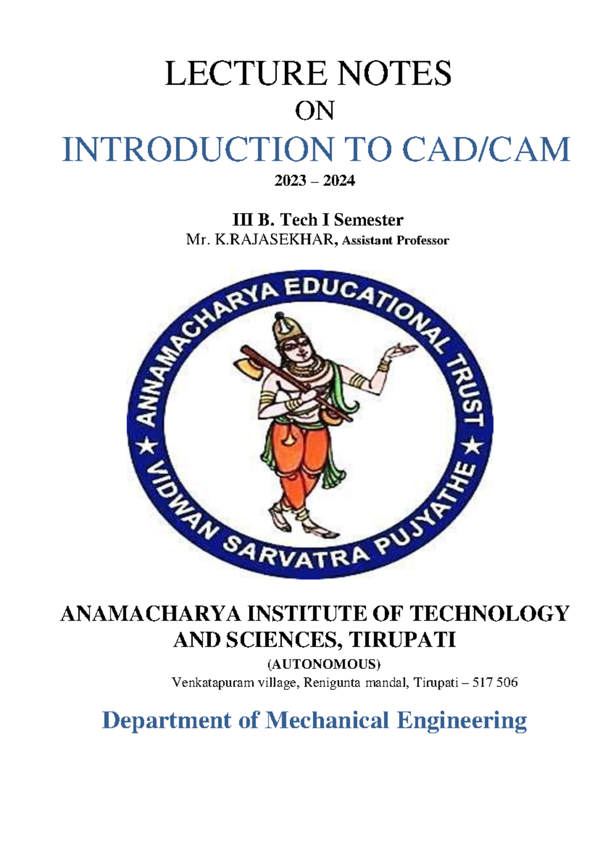 20APE0302 - Lecture Notes on Introduction to CAD/CAM (2023-24) - Studocu