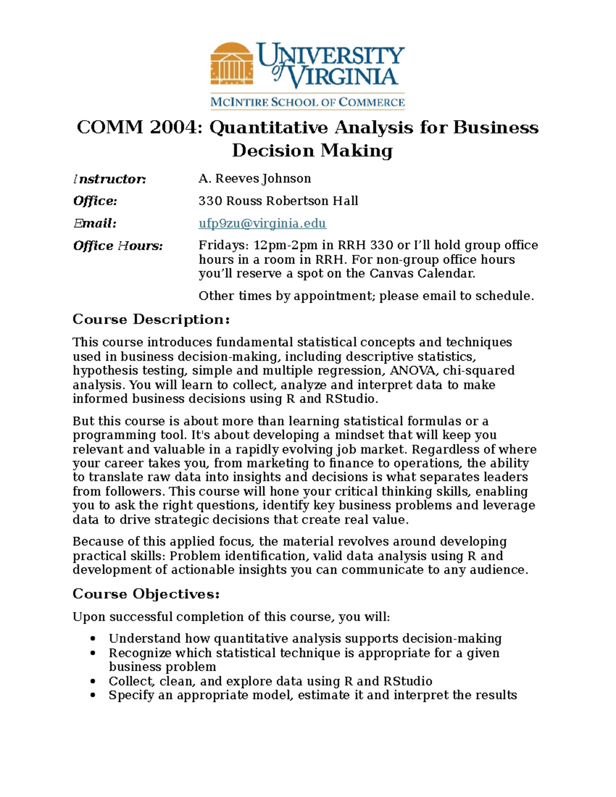 COMM 2004: Syllabus for Quantitative Analysis in Business Decisions ...