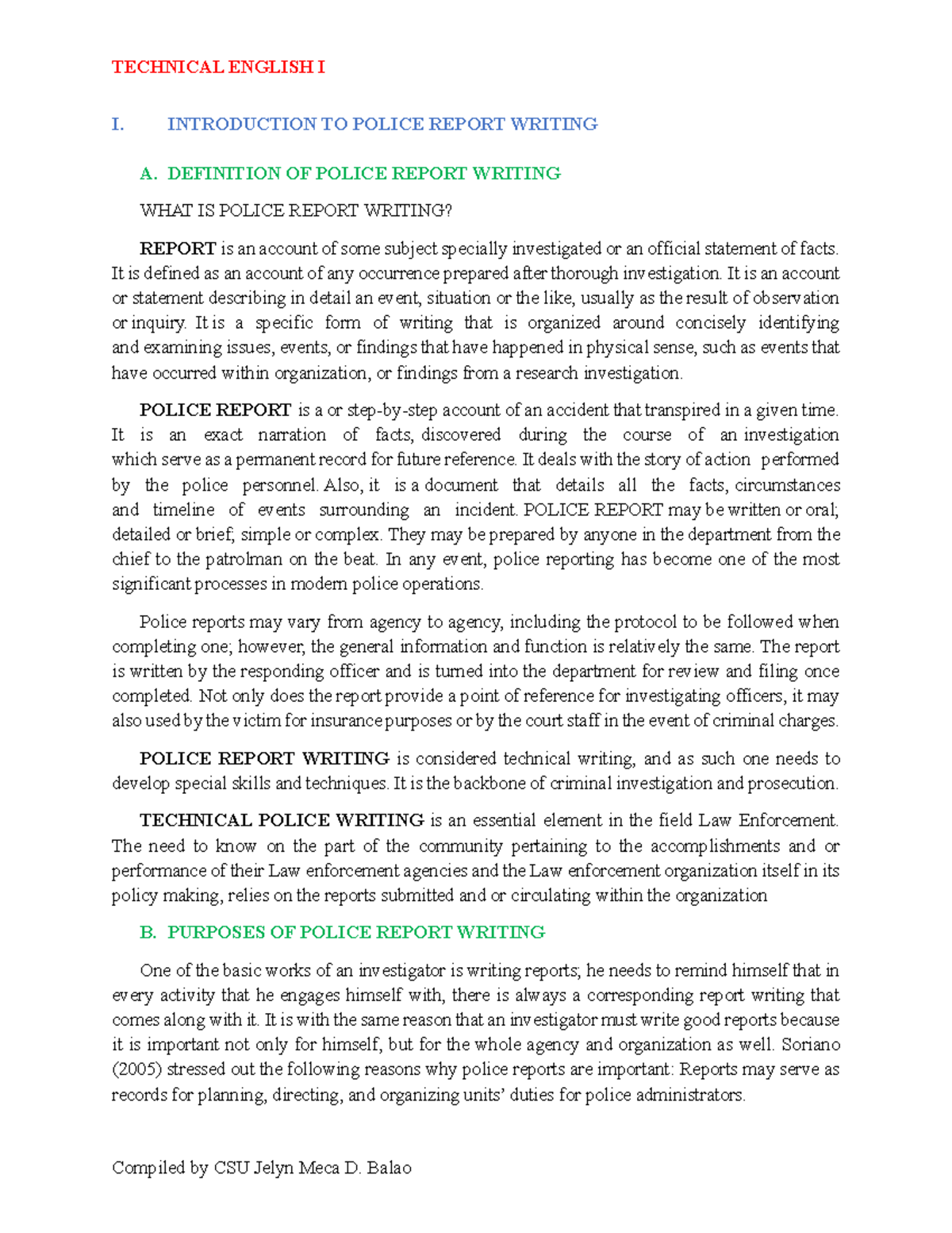 TECHNICAL ENGLISH I: INTRODUCTION TO POLICE REPORT WRITING - Studocu