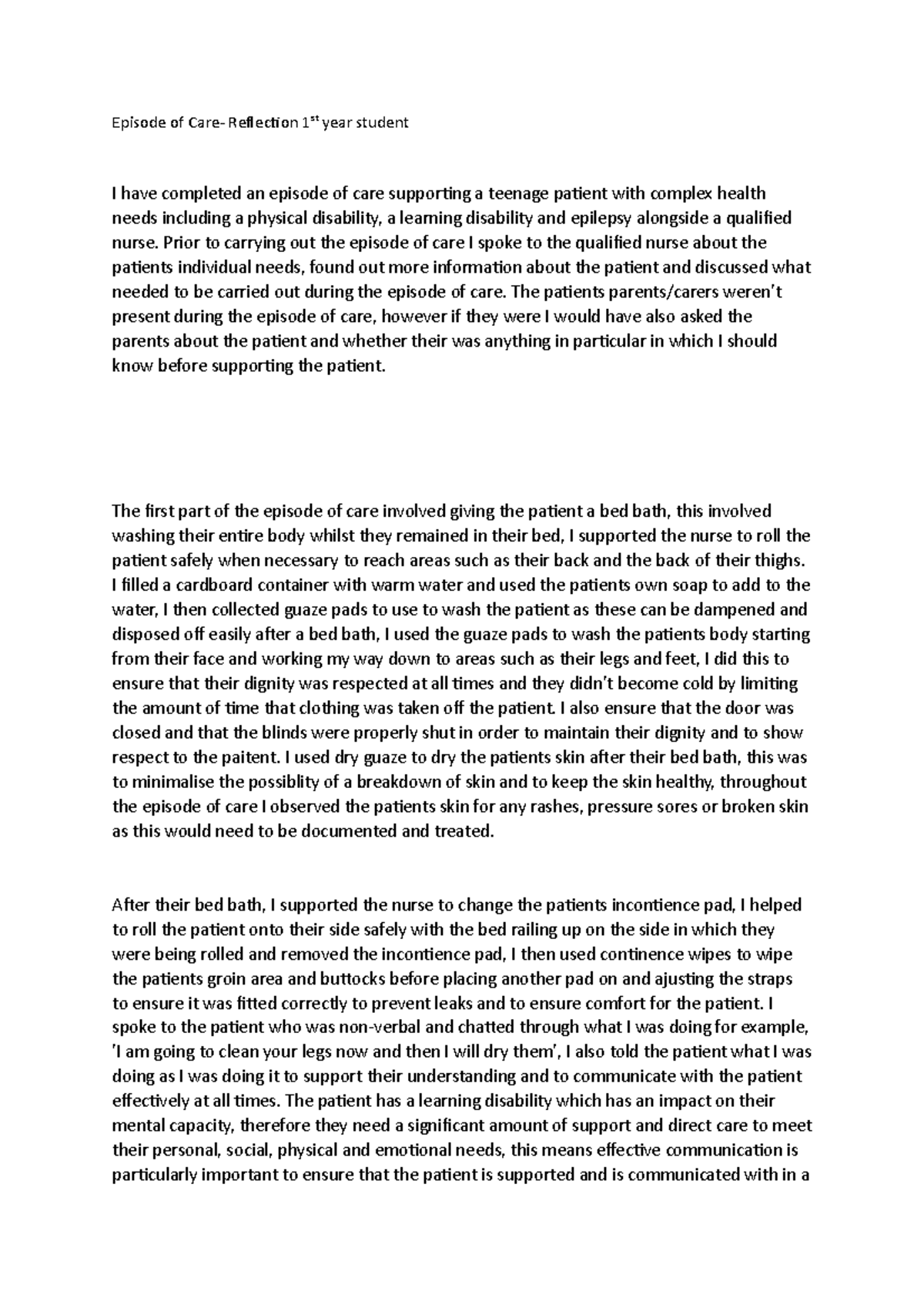 Reflection on Episode of Care: 1st Year Nursing Student Experience ...