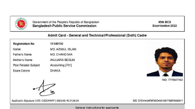 45th BCS Exam 2022 Admit Card Instructions for Candidates - Studocu