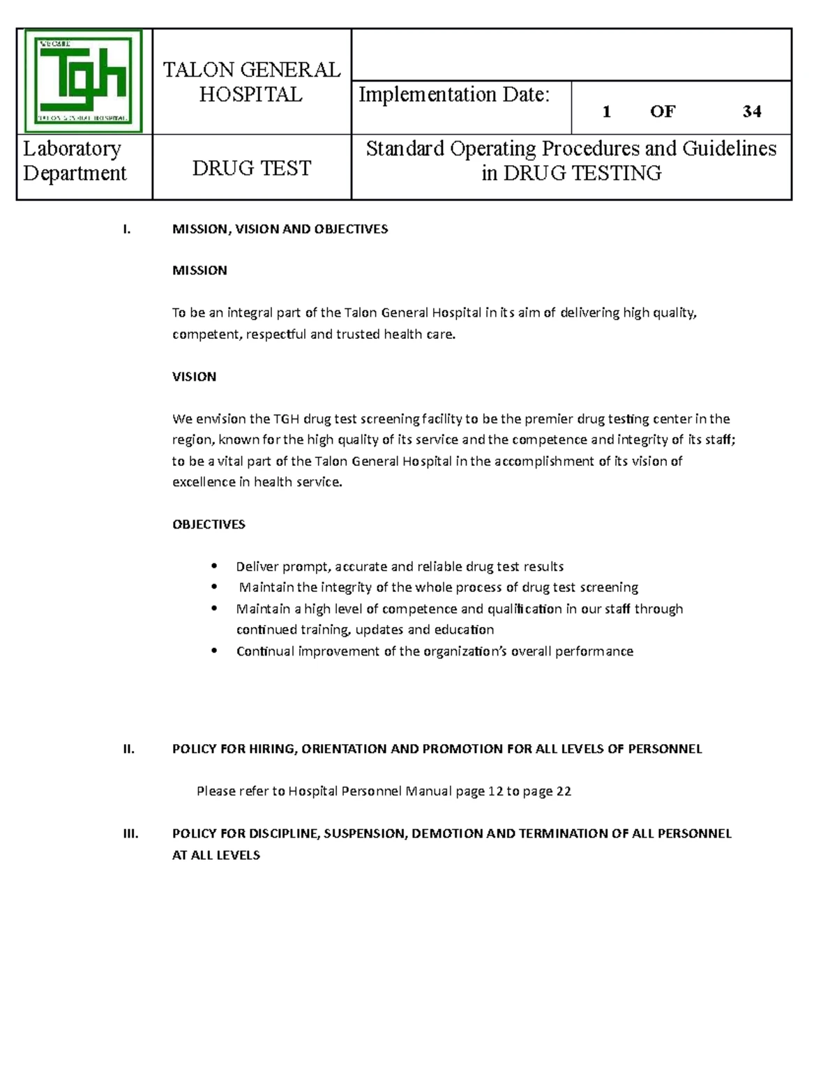 SOP DRUG TEST LMM - STANDARD OPERATING PROTOCOL - I. MISSION, VISION ...