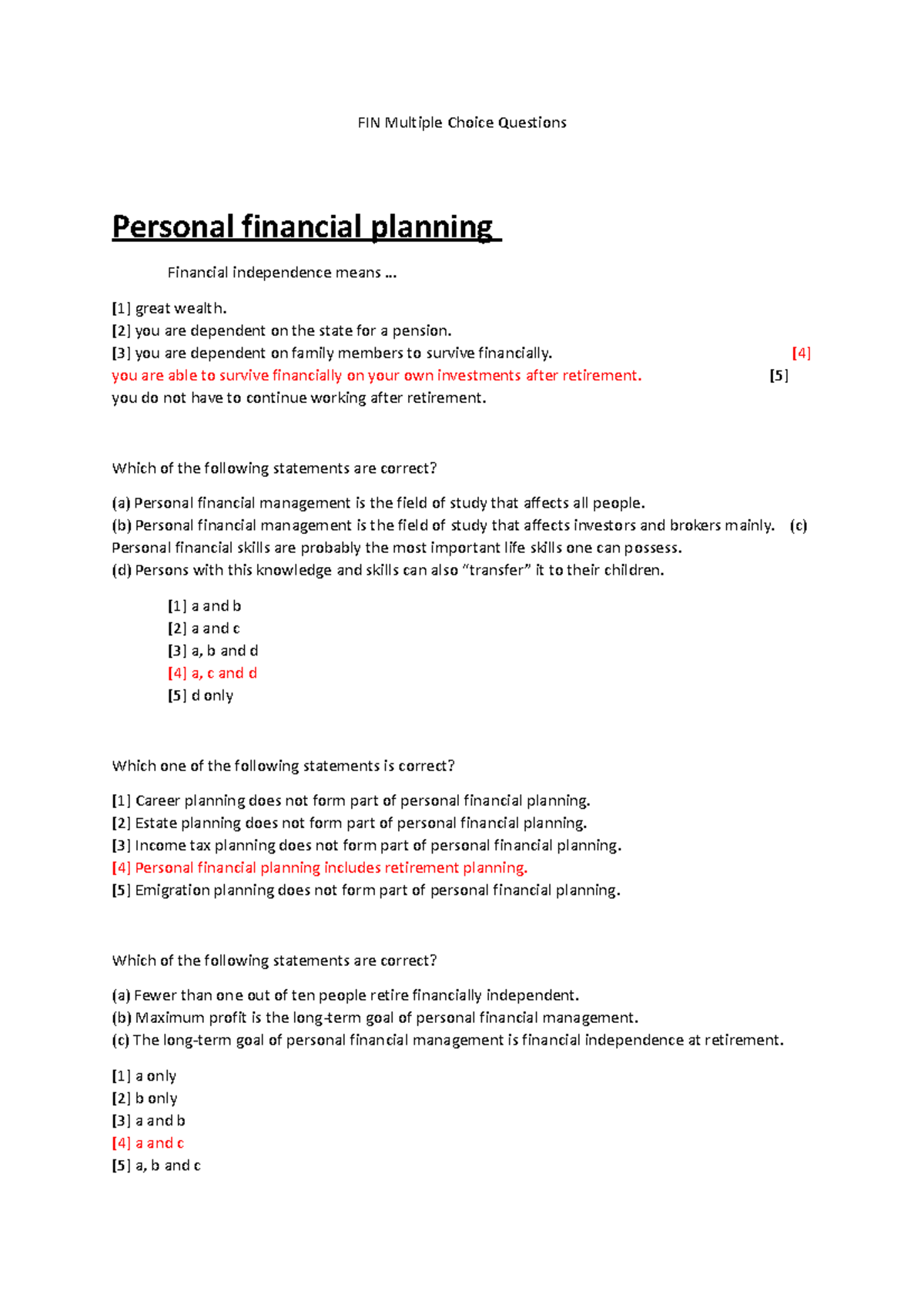 FIN 101 - Multiple Choice Questions on Personal Financial Planning ...