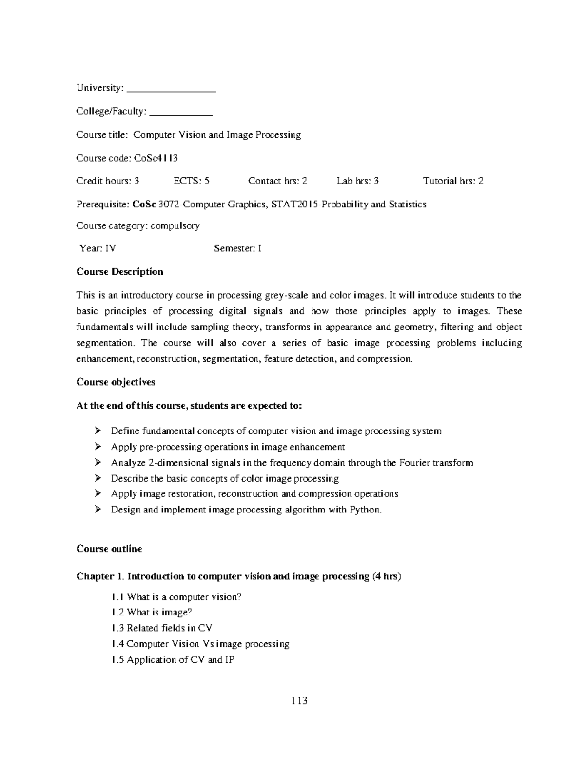 Computer Vision and Image Processing Course Notes (CoSc 4113) - Studocu