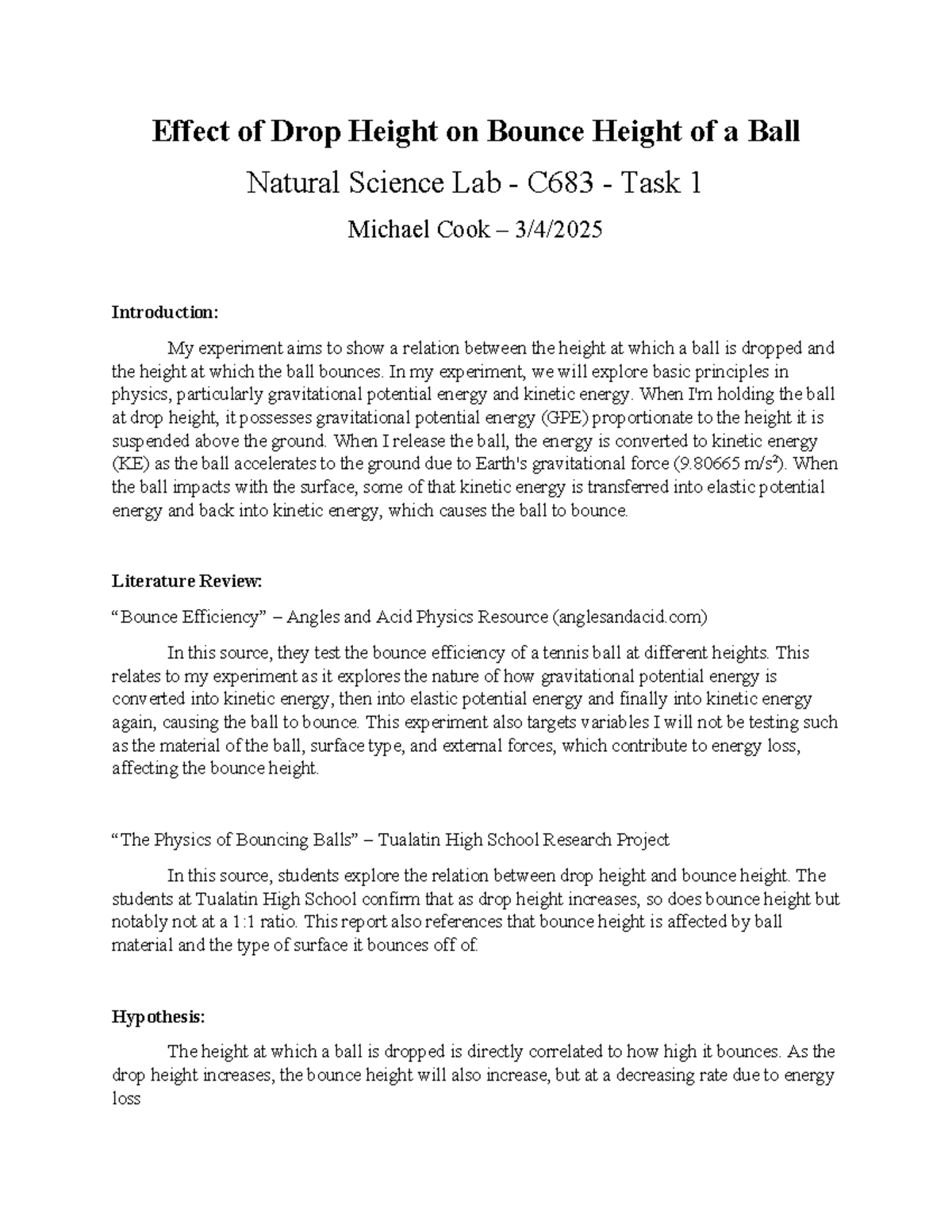 Natural Science Lab task 1 attempt 2 - Effect of Drop Height on Bounce ...