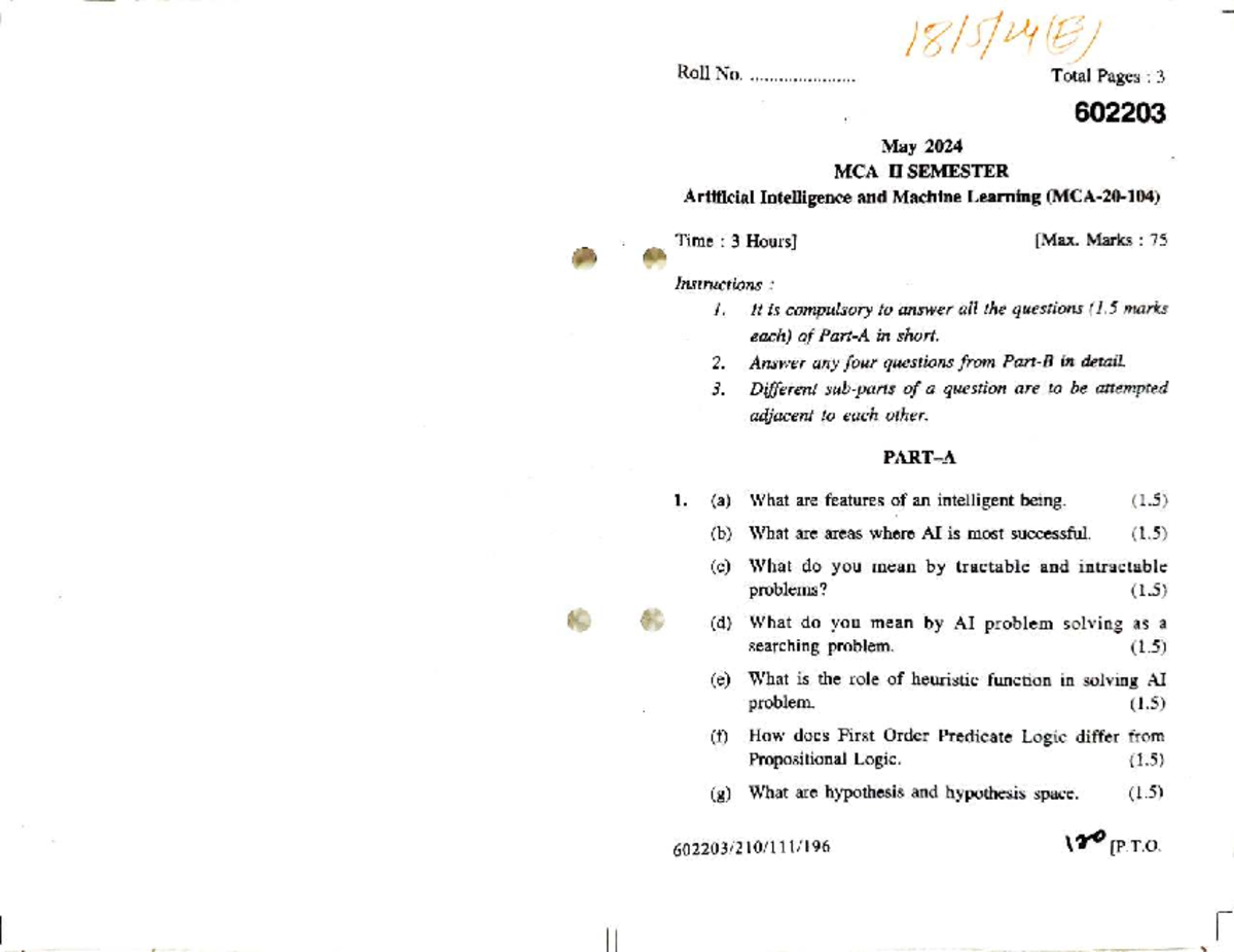 Aimca 2024 PYQ - MCA I Sem AI & ML Question Paper - Studocu