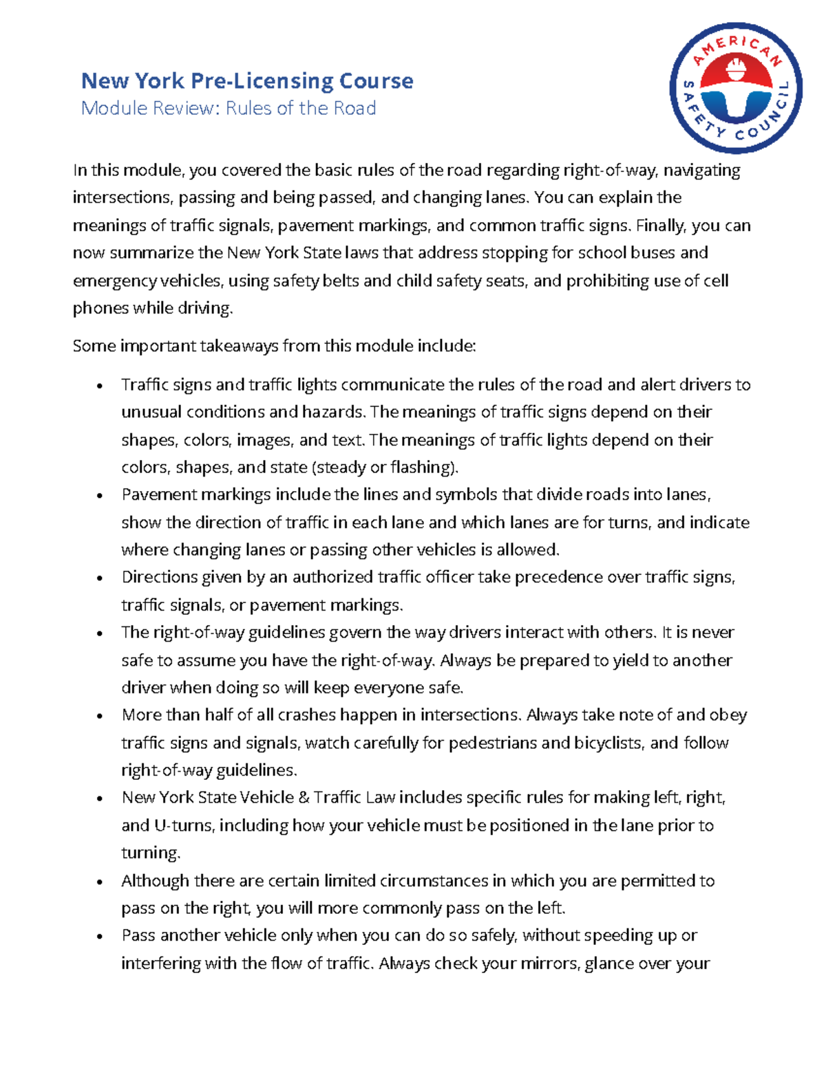 NY Course Module Review: Rules of the Road (BD934968) - Studocu