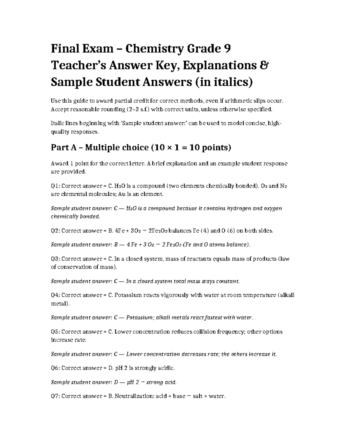 Final Exam Chemistry Grade 9 Teacher's Answer Key & Sample Responses - Studocu