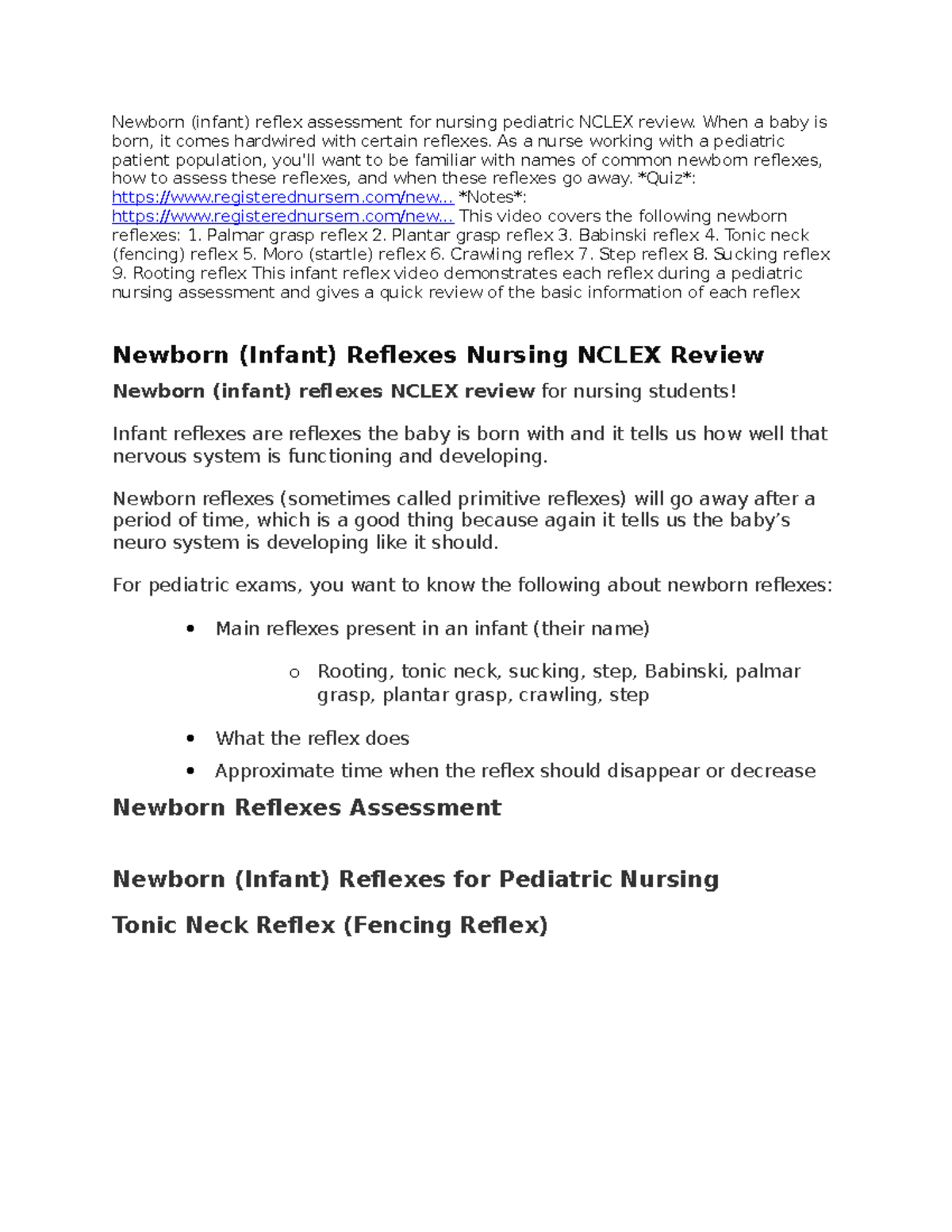 NCLEX Review: Newborn Reflexes for Pediatric Nursing Students - Studocu