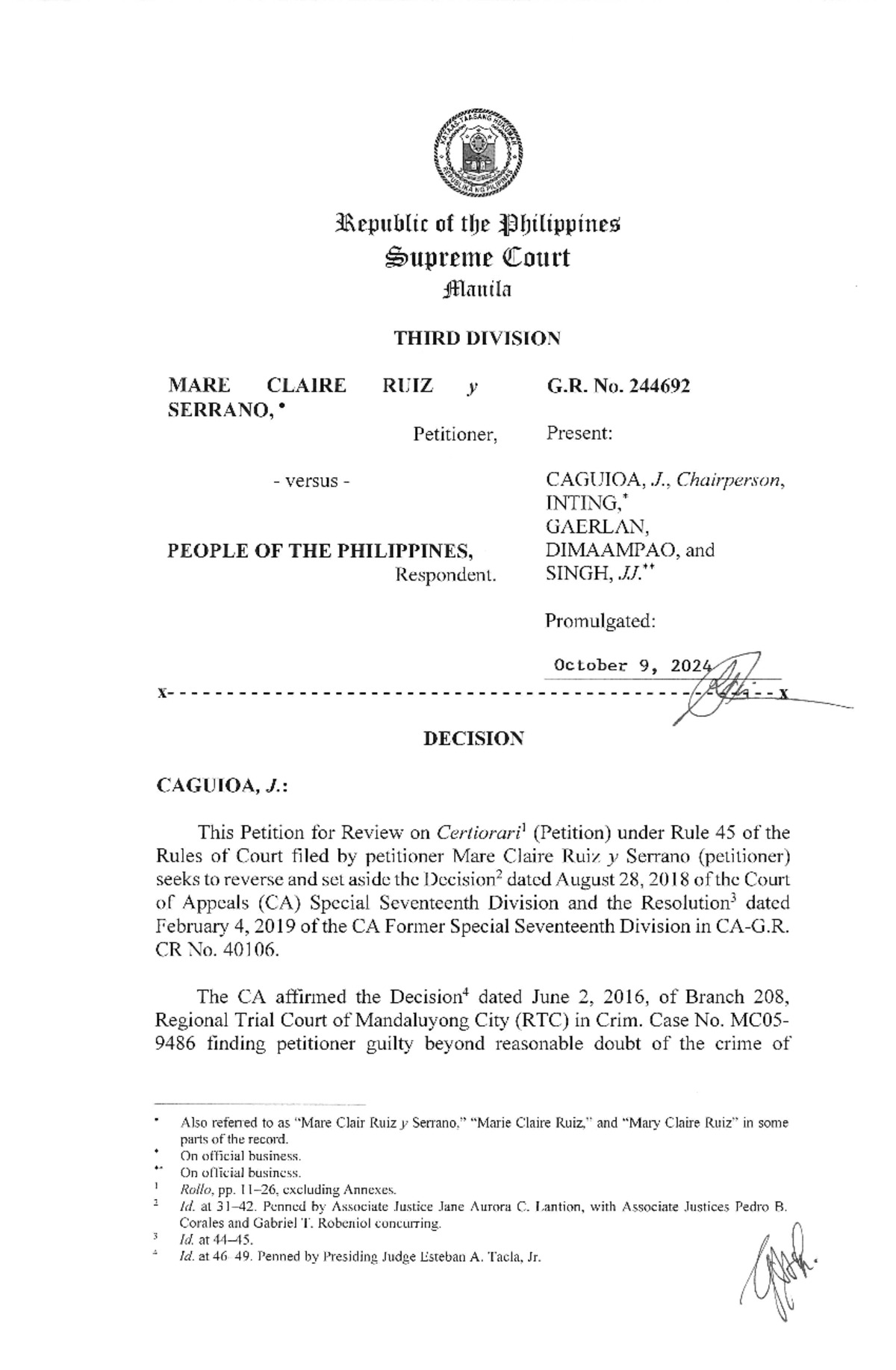 G.R. No. 244692: Decision on Homicide Case of Mare Claire Ruiz y ...