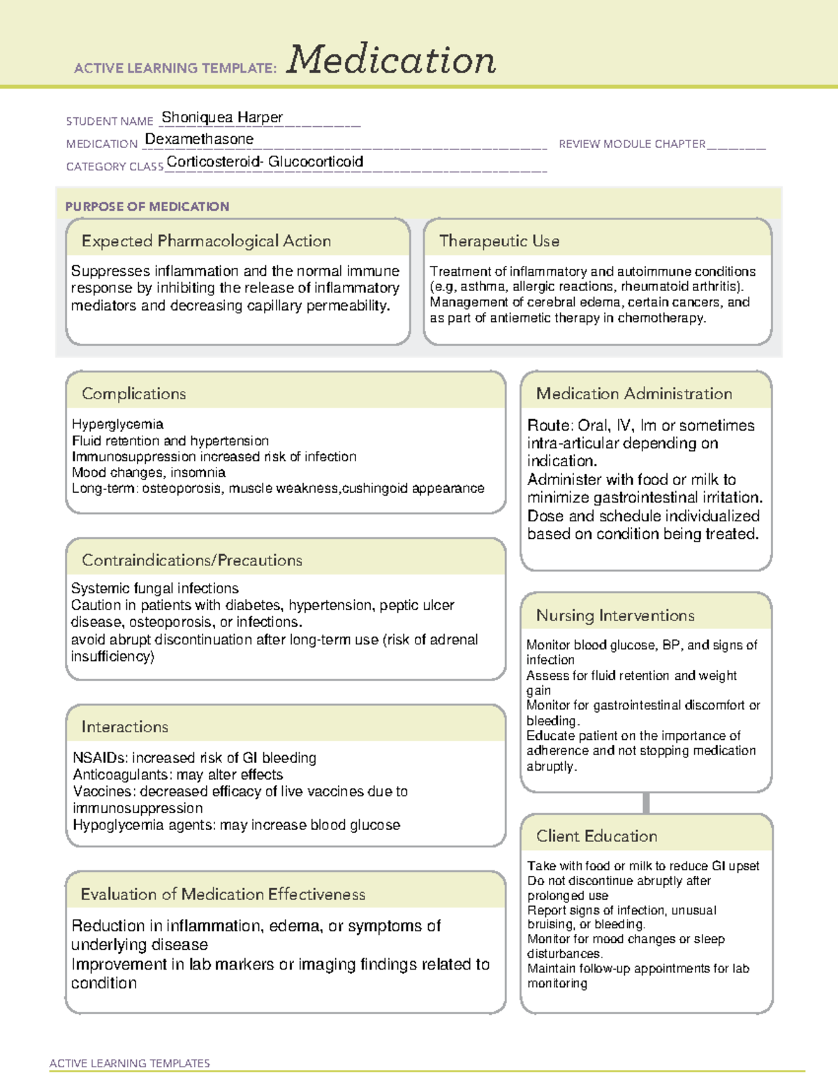 ACTIVE LEARNING TEMPLATE: Dexamethasone Drug Card Review Module - Studocu