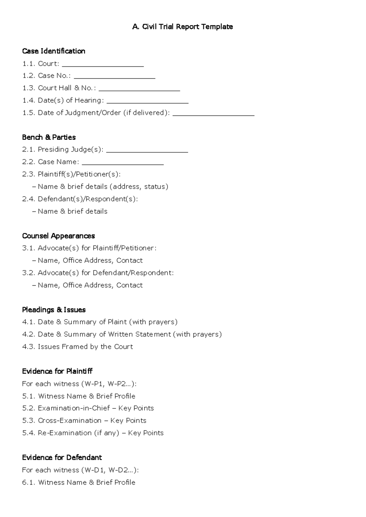 Trial Report Template: Civil Case Analysis and Observations - Studocu